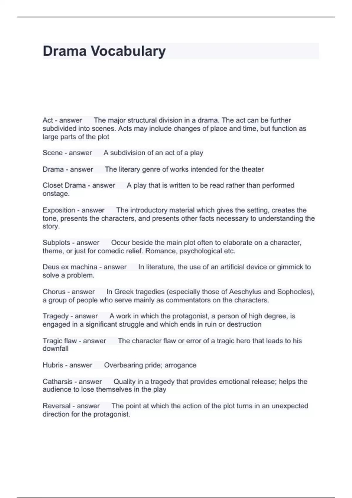 Drama Vocabulary Questions with correct Answers 2024 - NCSSM - Stuvia US