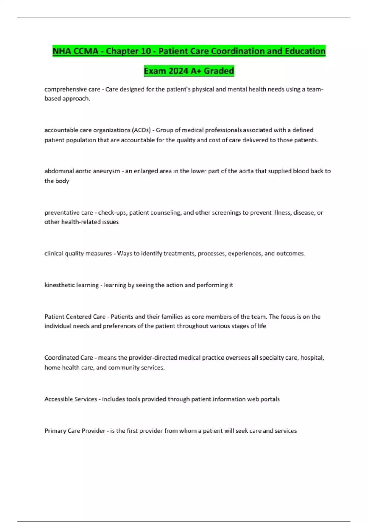 NHA CCMA - Chapter 10 - Patient Care Coordination and Education Exam ...