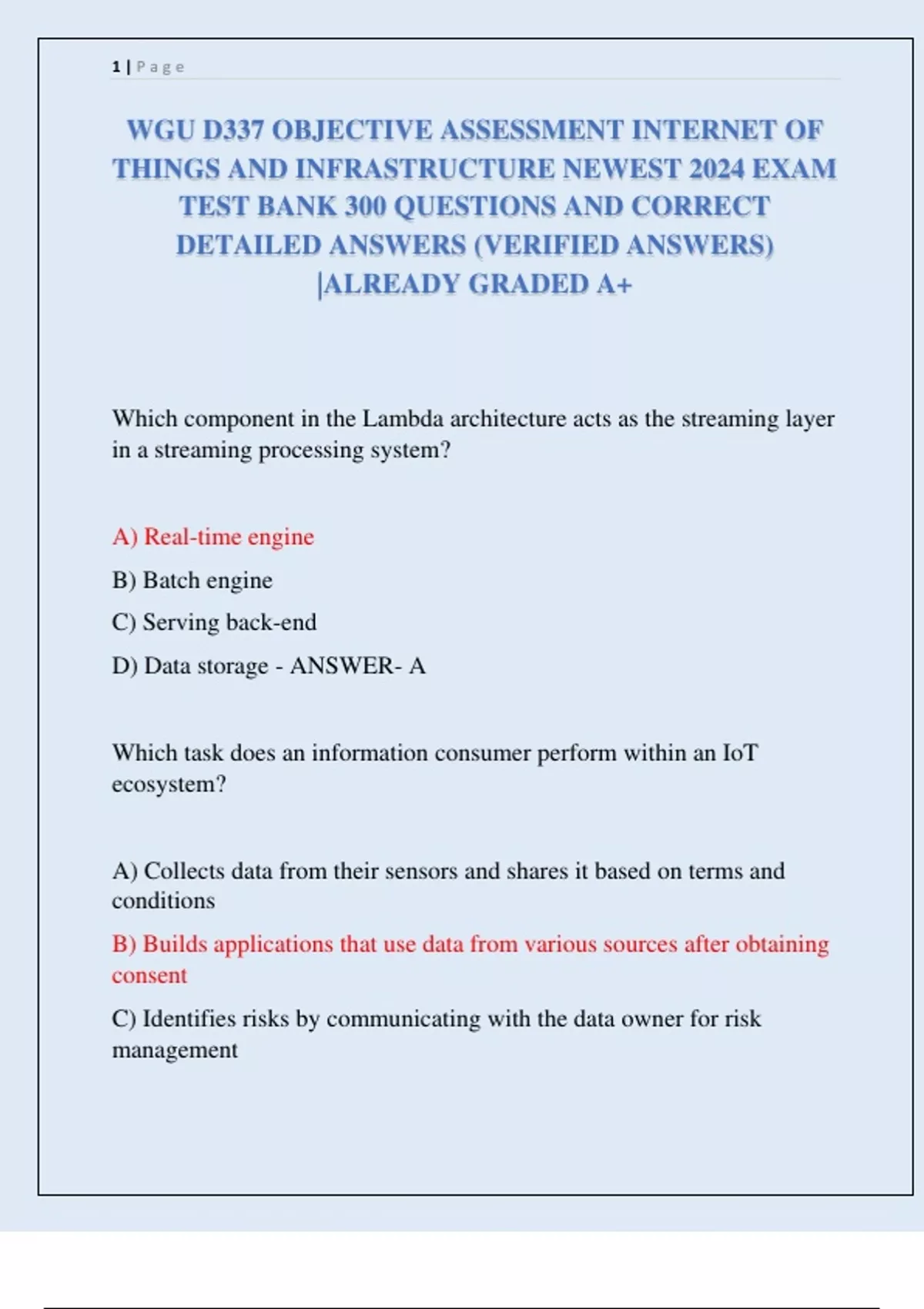 WGU D337 OBJECTIVE ASSESSMENT INTERNET OF THINGS AND INFRASTRUCTURE ...