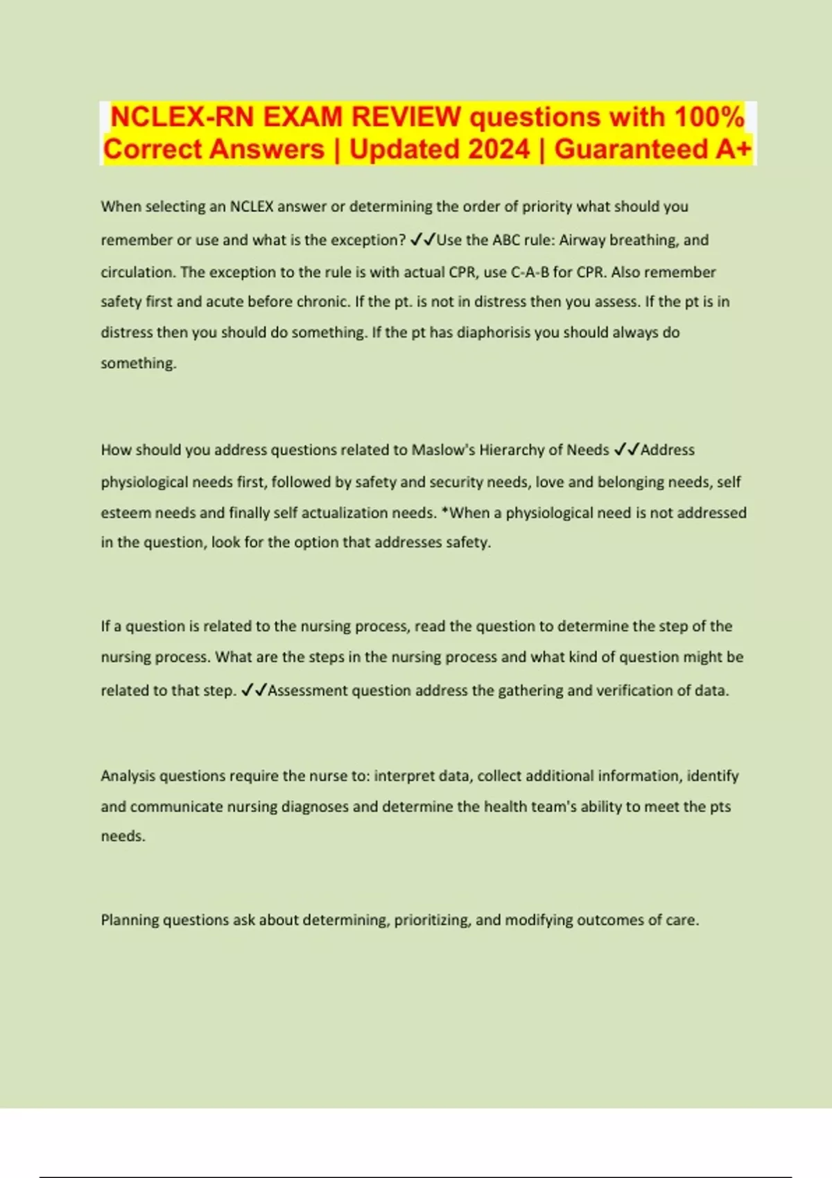 NCLEX-RN EXAM REVIEW questions with 100% Correct Answers | Updated 2024 ...