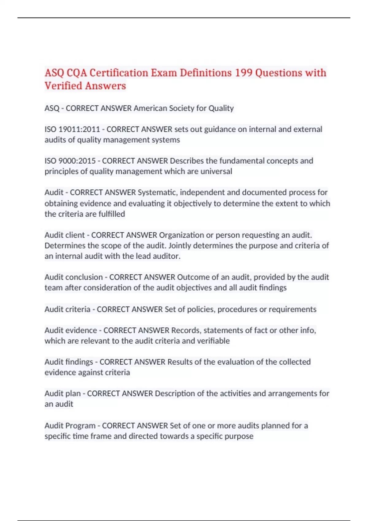 ASQ CQA Certification Exam Definitions 199 Questions with Verified ...