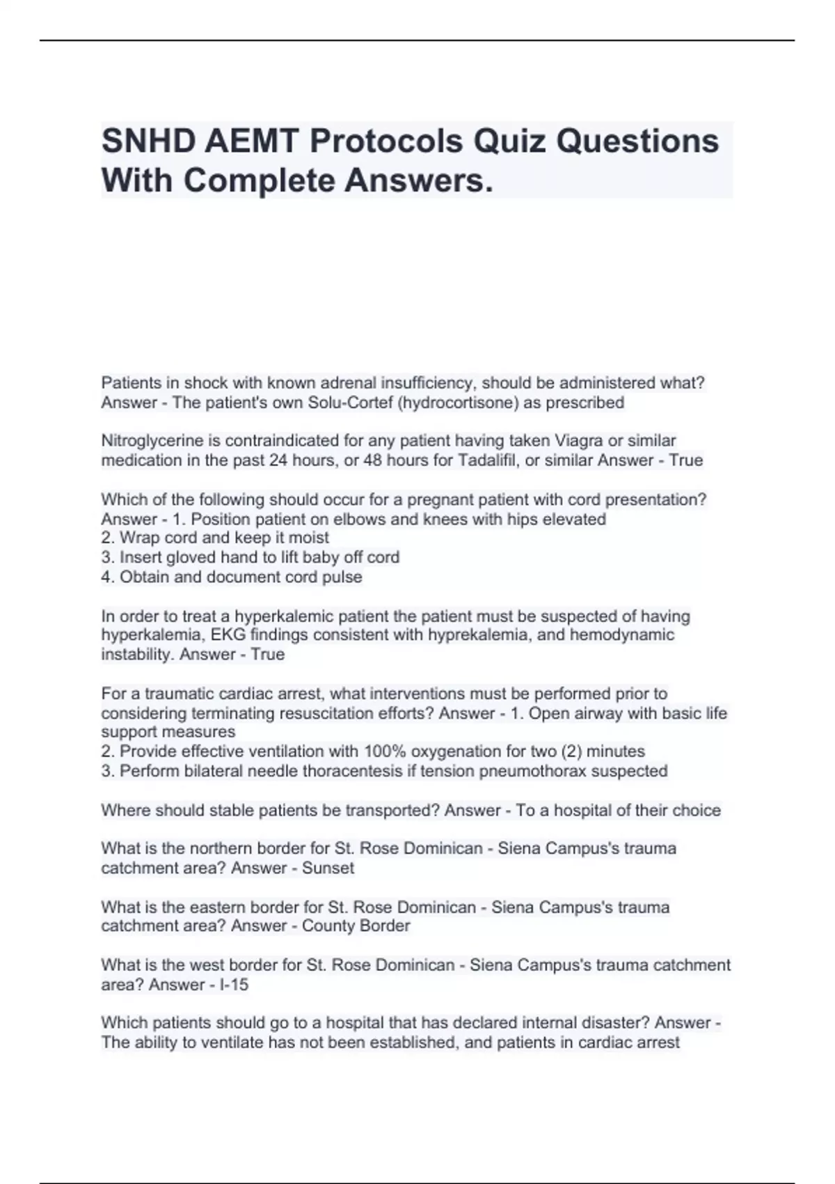 SNHD AEMT Protocols Quiz Questions With Complete Answers. - SNHD AEMT ...