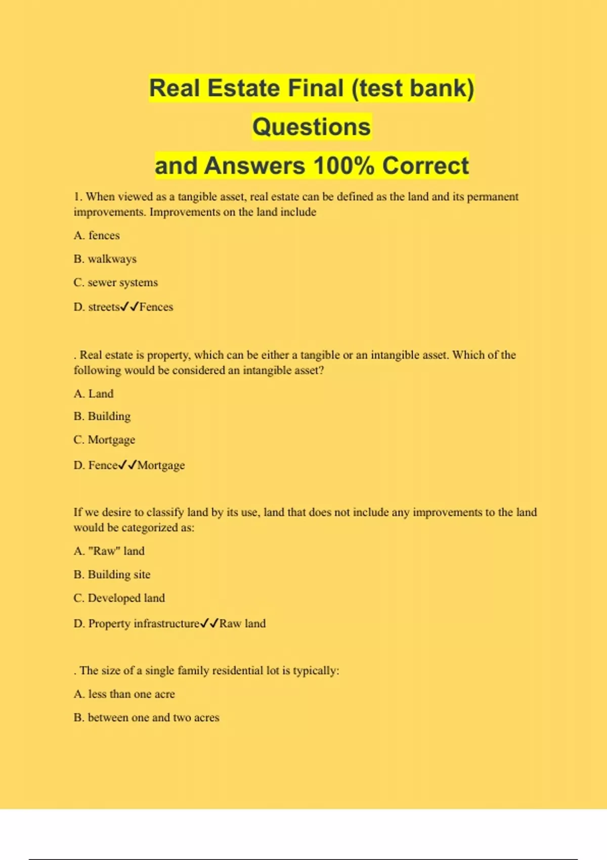 Real Estate Final (test bank) Questions and Answers 100% Correct - Real ...