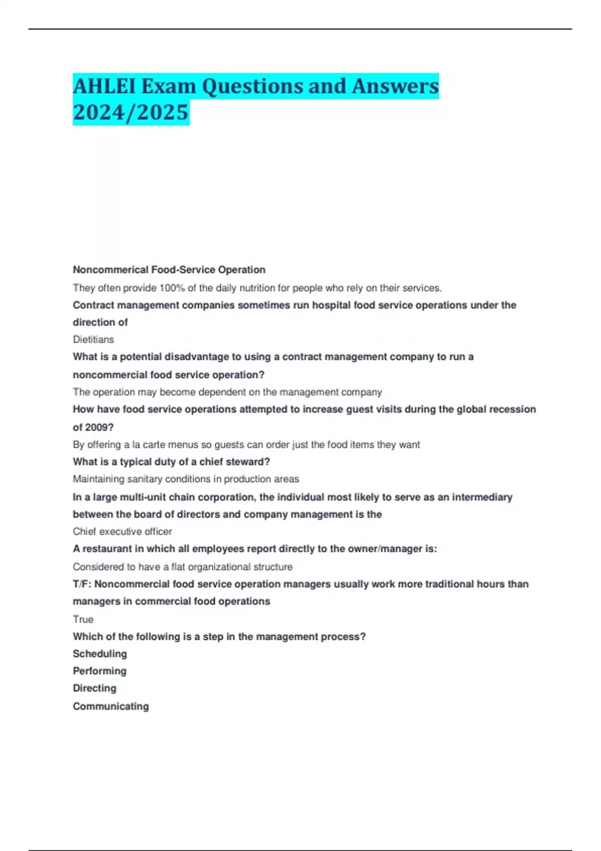 AHLEI Exam Questions and Answers 2024/2025 - AHLEI hospitality manager ...