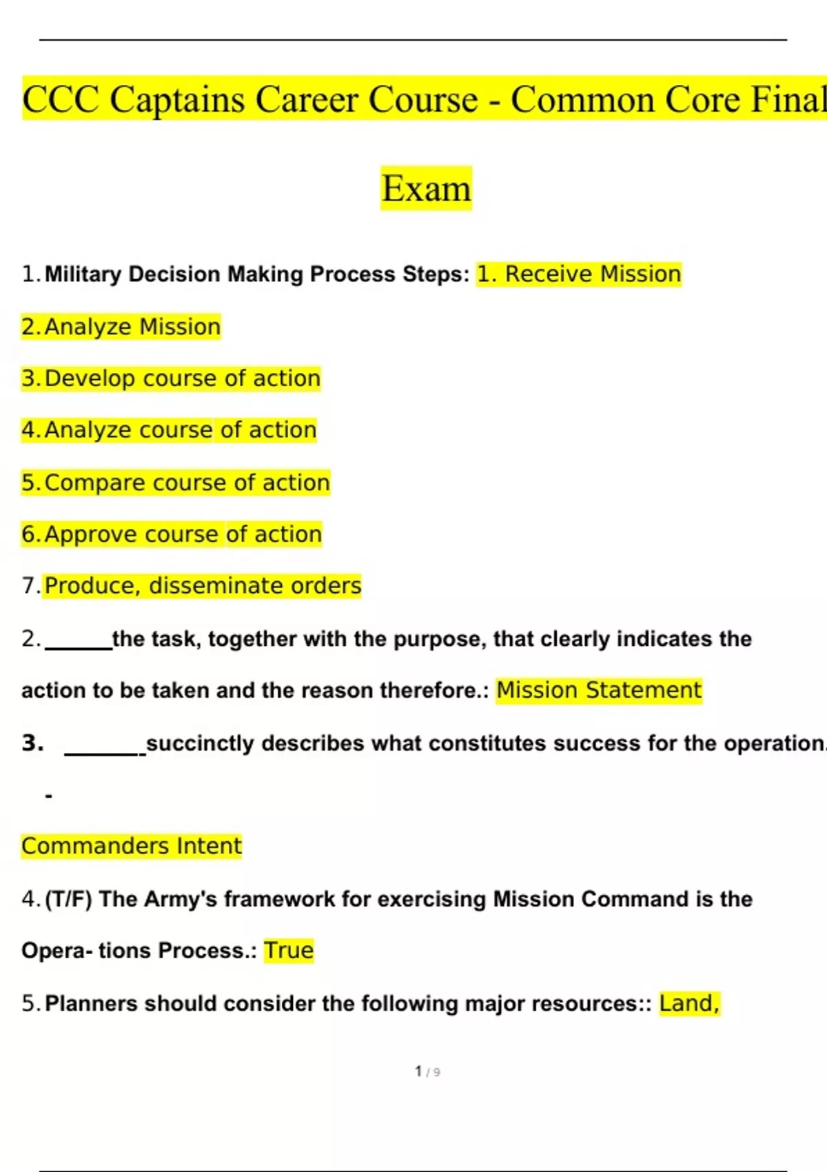 Ccc Captains Career Course Common Core Final Exam Questions Actual Test 100 Verified With