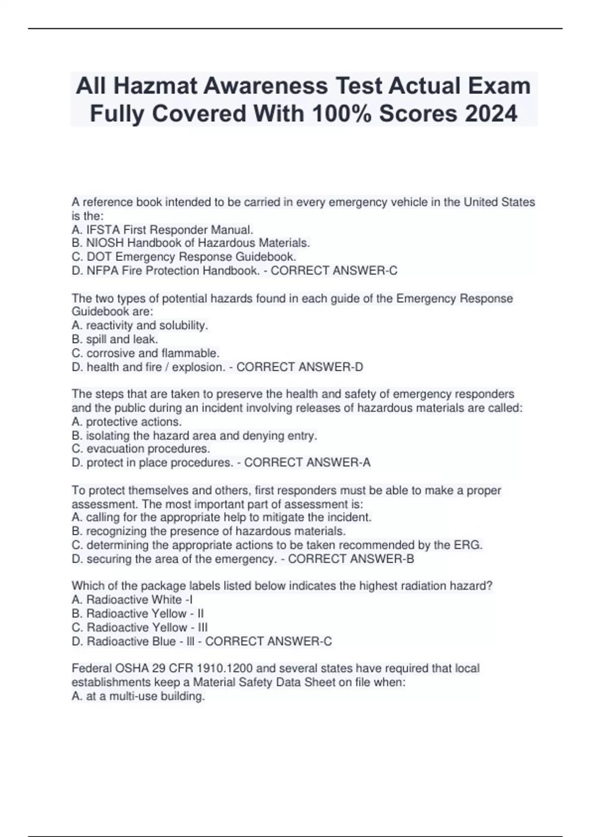 All Hazmat Awareness Test Actual Exam Fully Covered With 100% Scores ...