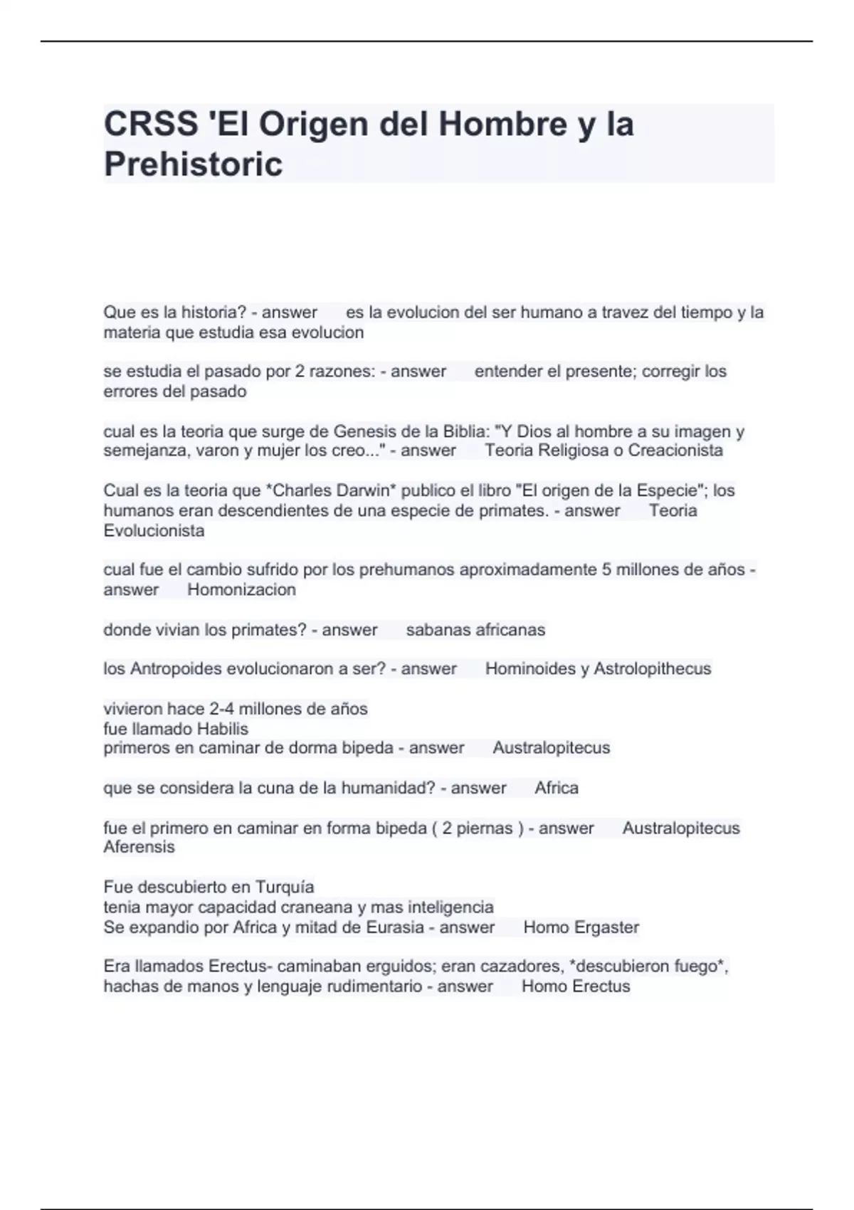 CRSS 'El Origen del Hombre y la Prehistoric Questions and Answers 100% ...