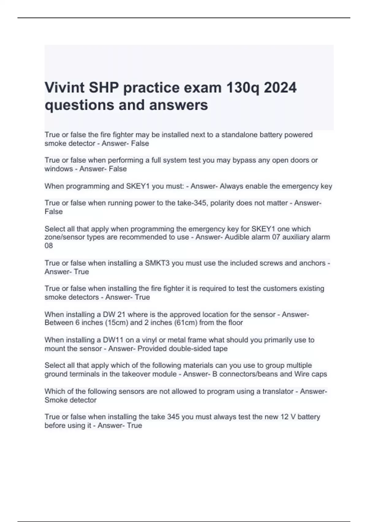 Vivint SHP practice exam 130q 2024 questions and answers - Vivint - Stuvia US