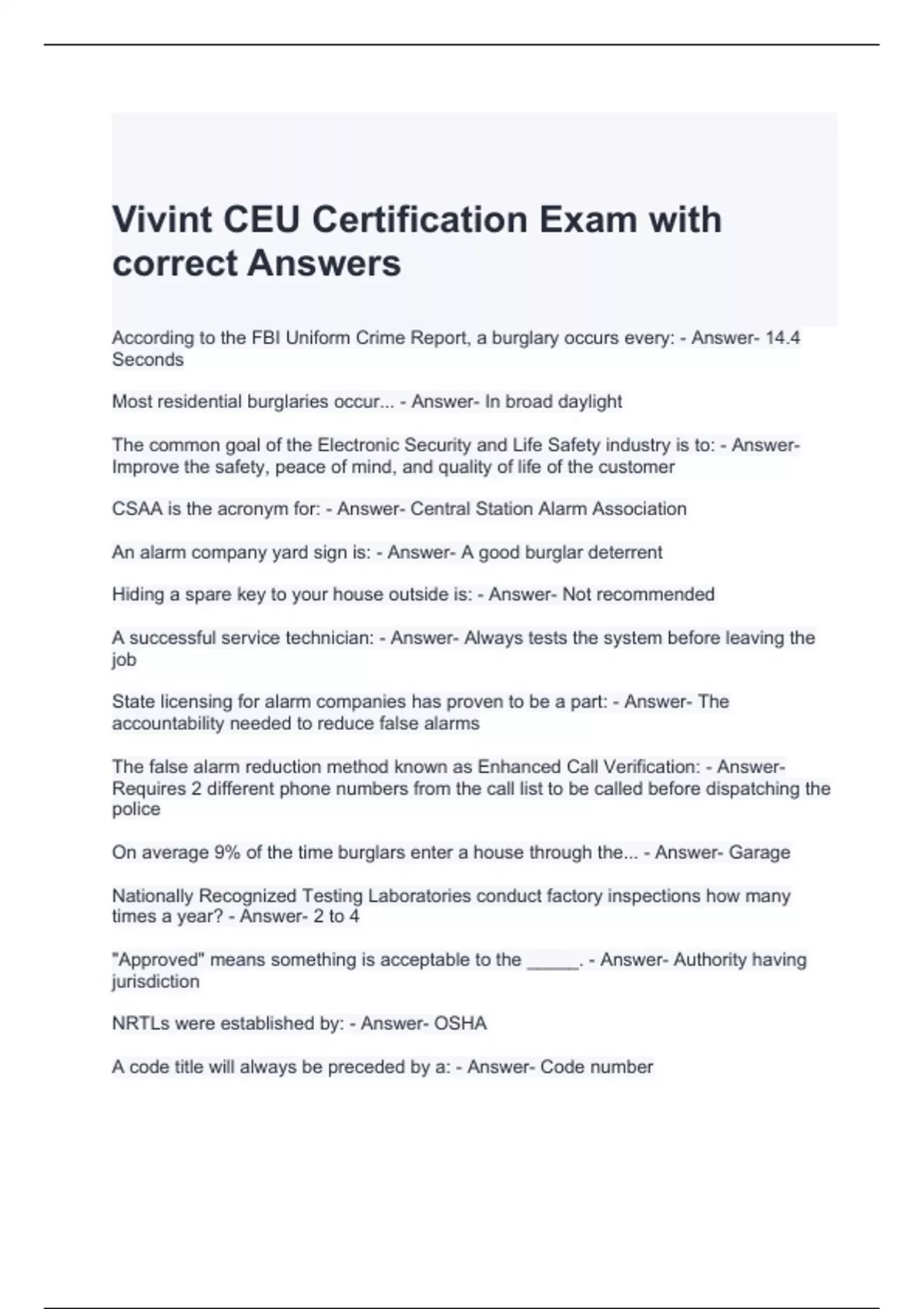 Vivint CEU Certification Exam with correct Answers 100% - Vivint ...
