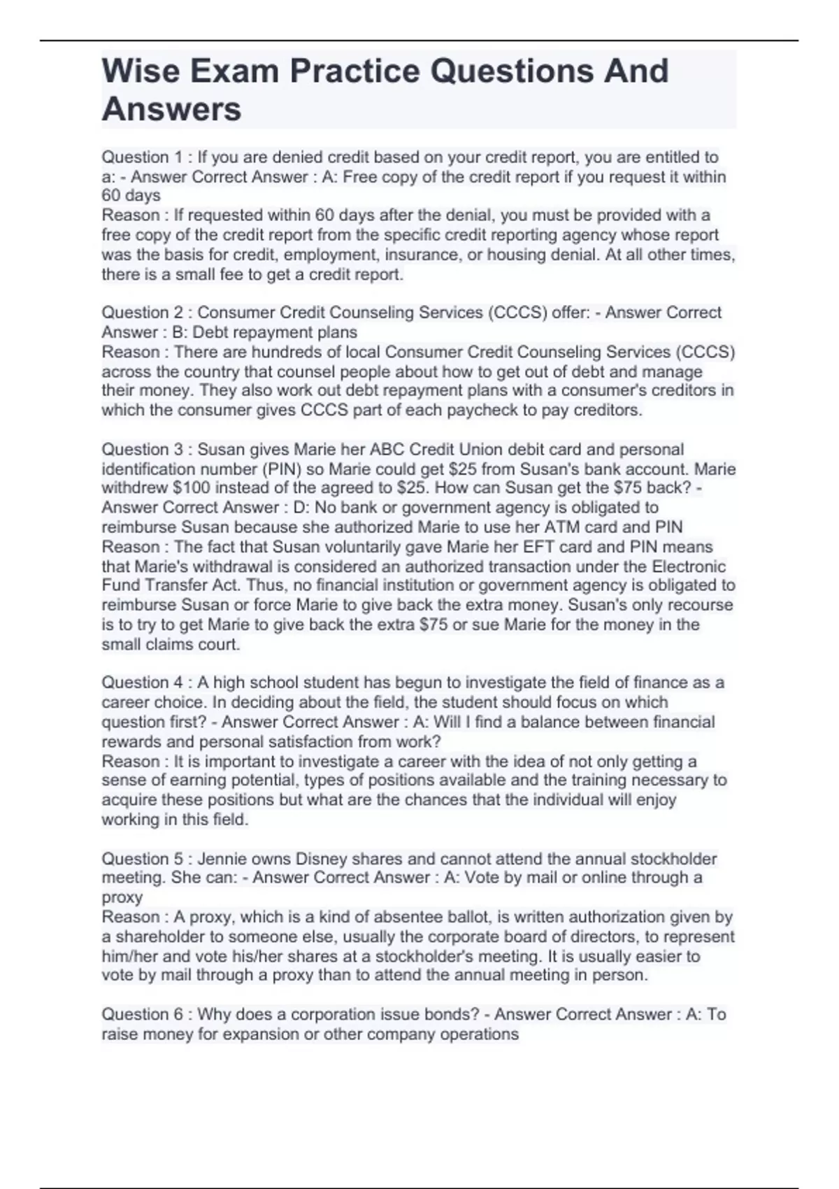 Wise Exam Practice Questions And Answers. - Wise - Stuvia US