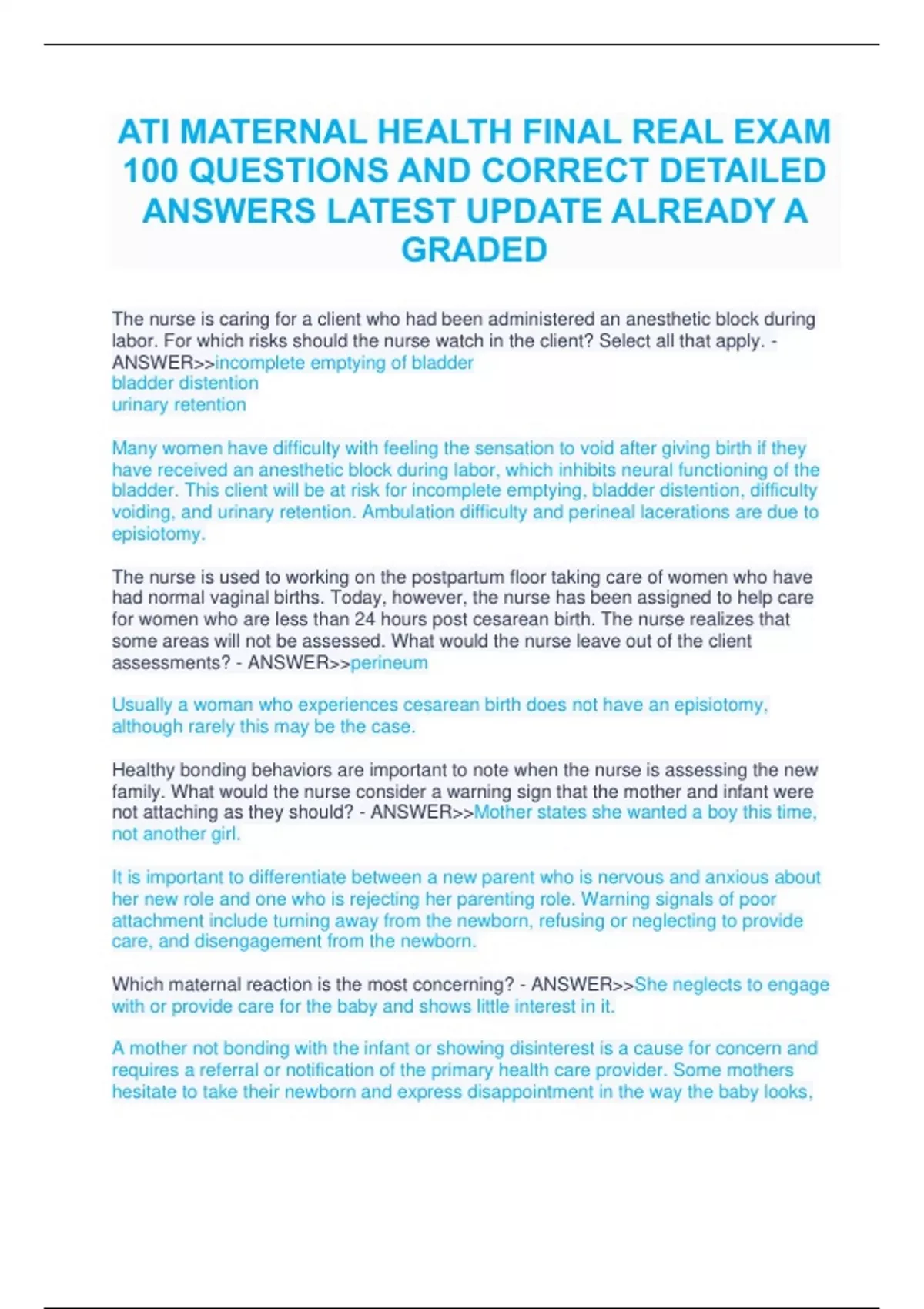 ATI MATERNAL HEALTH FINAL REAL EXAM 100 QUESTIONS AND CORRECT DETAILED ...