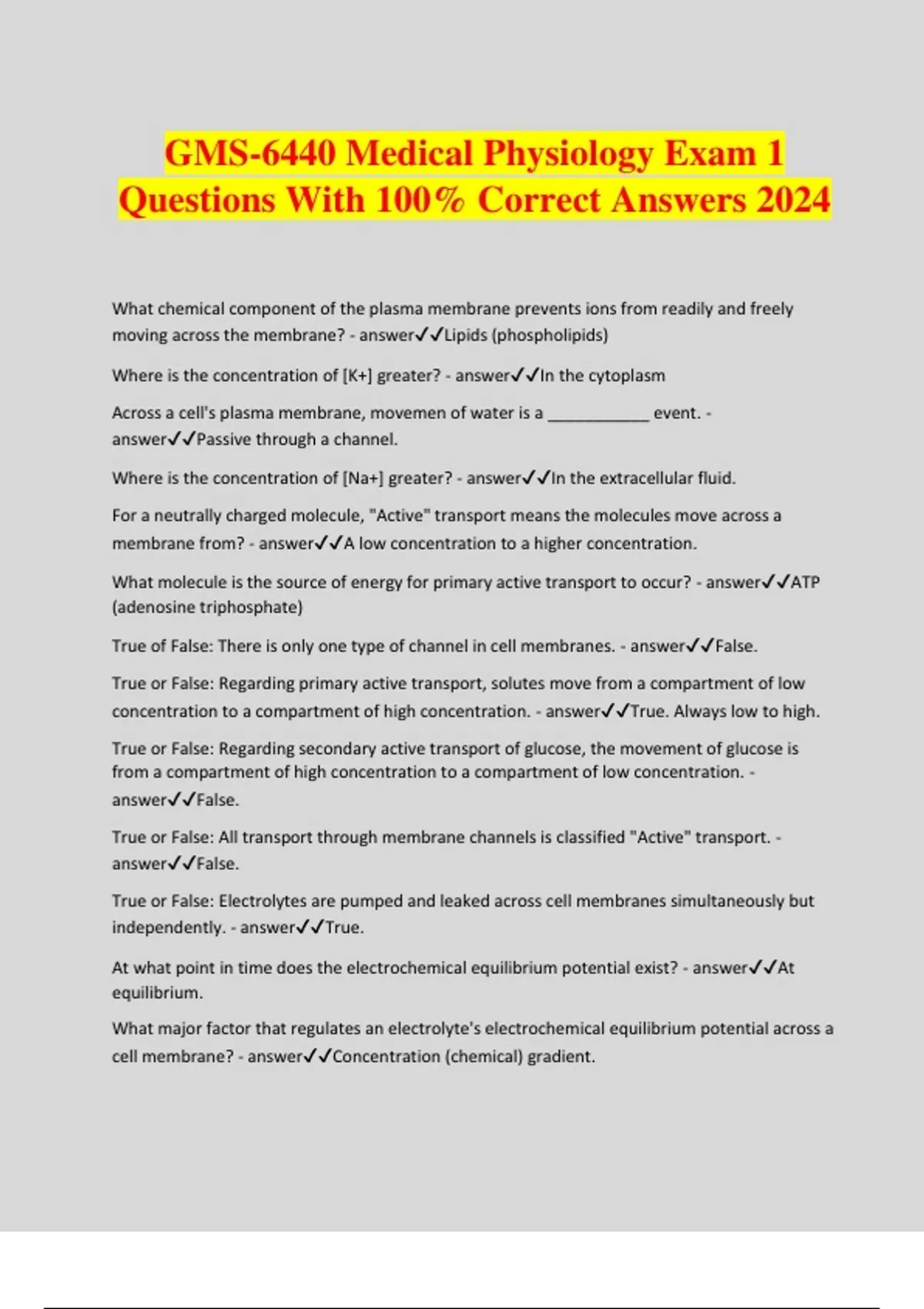 GMS-6440 Medical Physiology Exam 1 Questions With 100% Correct Answers 2024 - GMS 6440 - Stuvia US