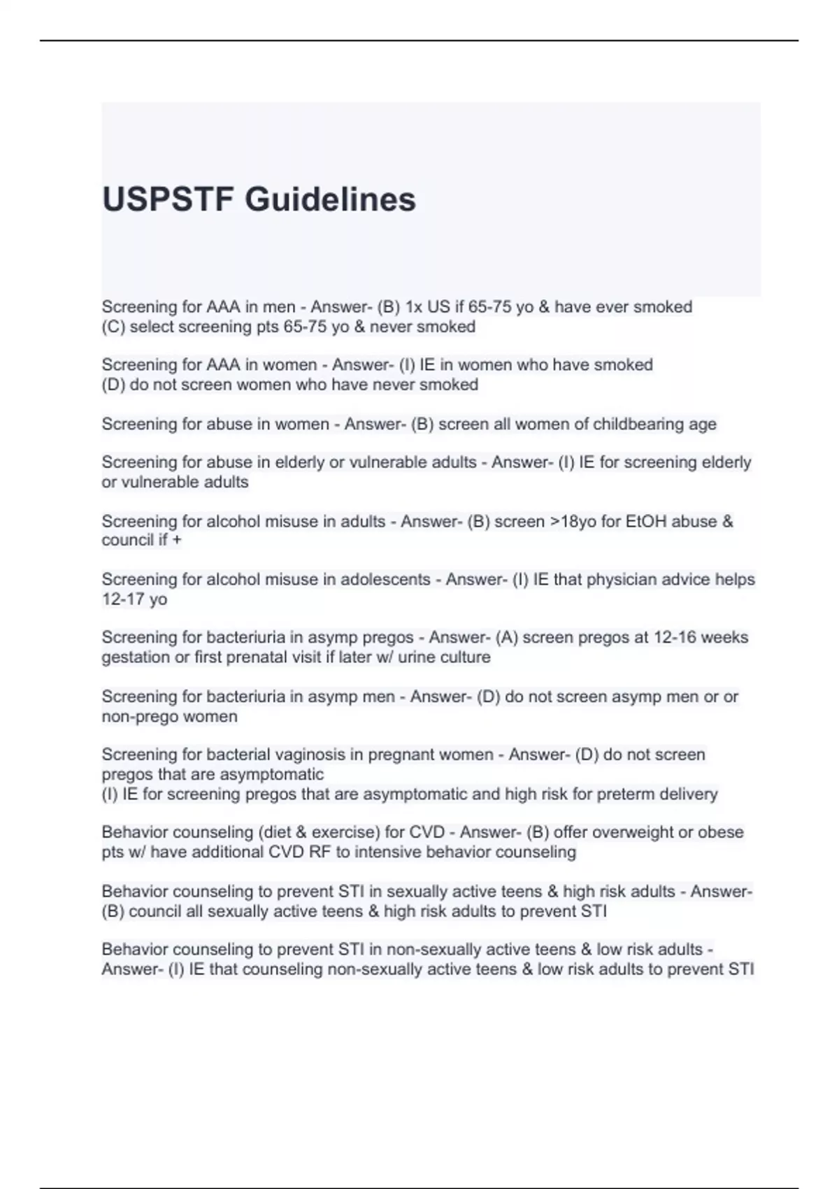 USPSTF Guidelines Exam Questions and Answers - USPSTF - Stuvia US