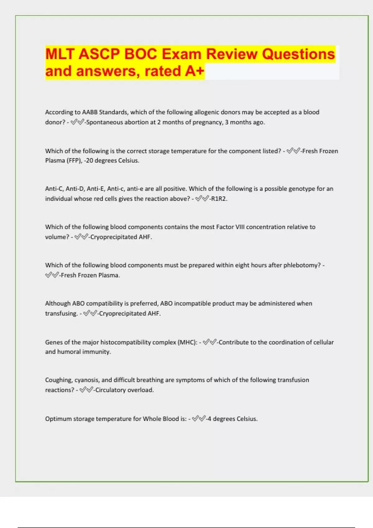 MLT ASCP BOC Exam Review Questions and answers, rated A+| LATEST UPDATE ...