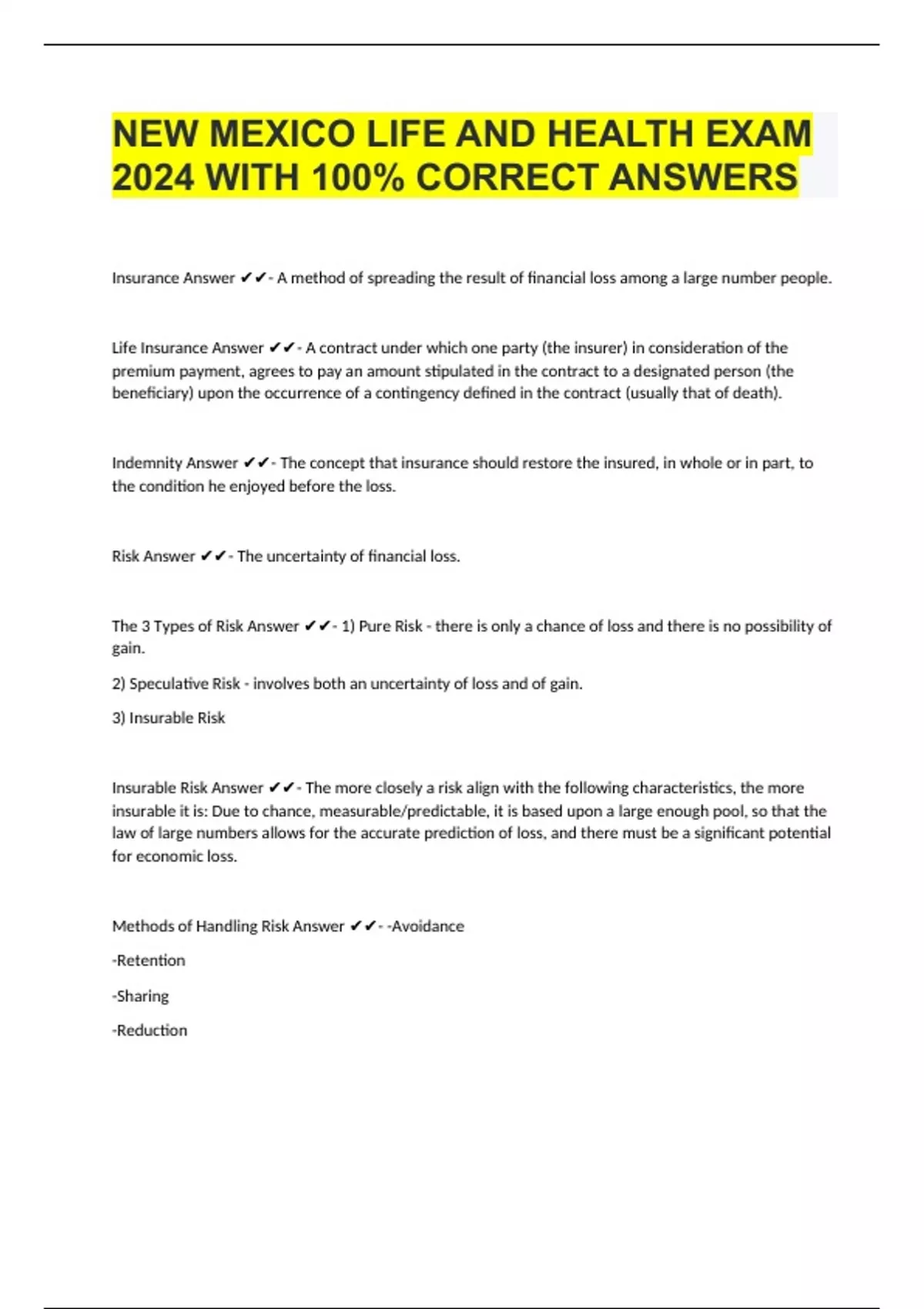 NEW MEXICO LIFE AND HEALTH EXAM 2024 WITH 100% CORRECT ANSWERS - NEW ...