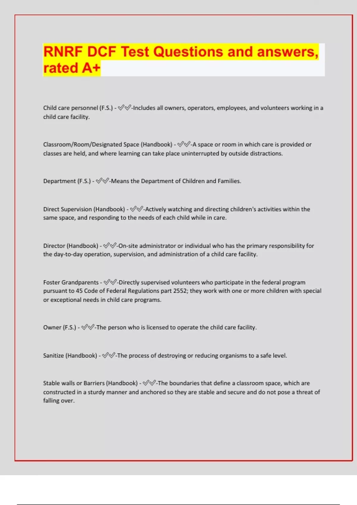 RNRF DCF Test Questions and answers, rated A+| LATEST UPDATE | EXAM ...