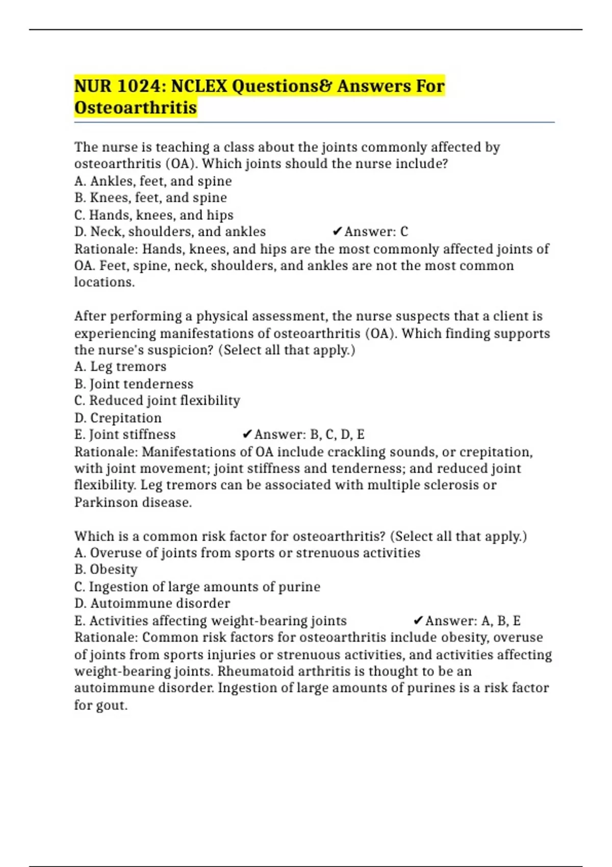 NUR 1024: NCLEX Questions& Answers For Osteoarthritis - NCLEX - Stuvia US