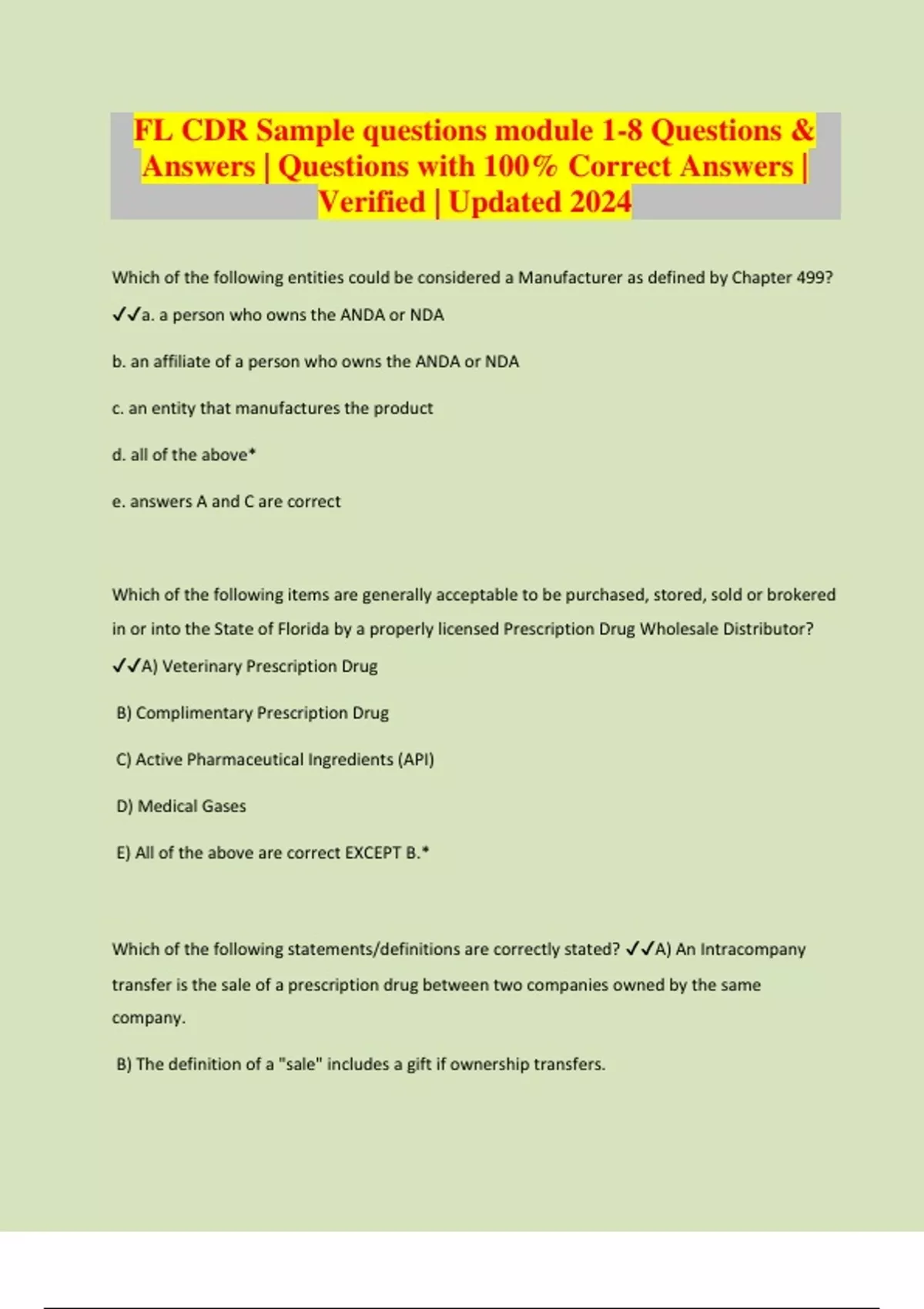 FL CDR Sample questions module 1-8 Questions & Answers | Questions with ...