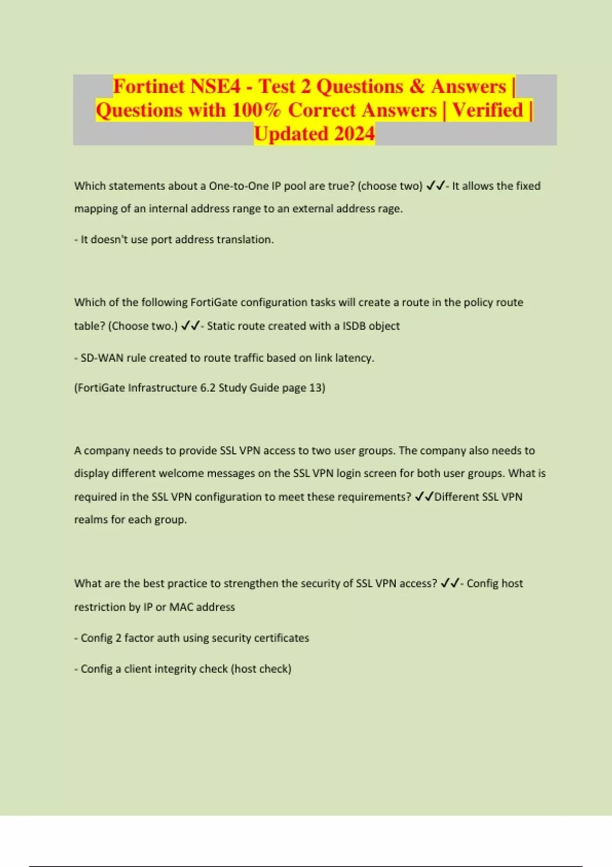 Fortinet NSE4 - Test 2 Questions & Answers | Questions with 100% ...