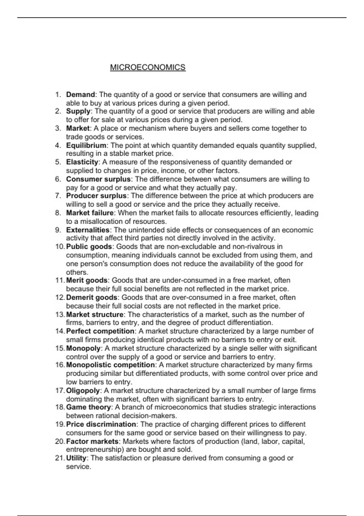 Summary A Level Economics Key Terminology Sheet for Microeconomics ...