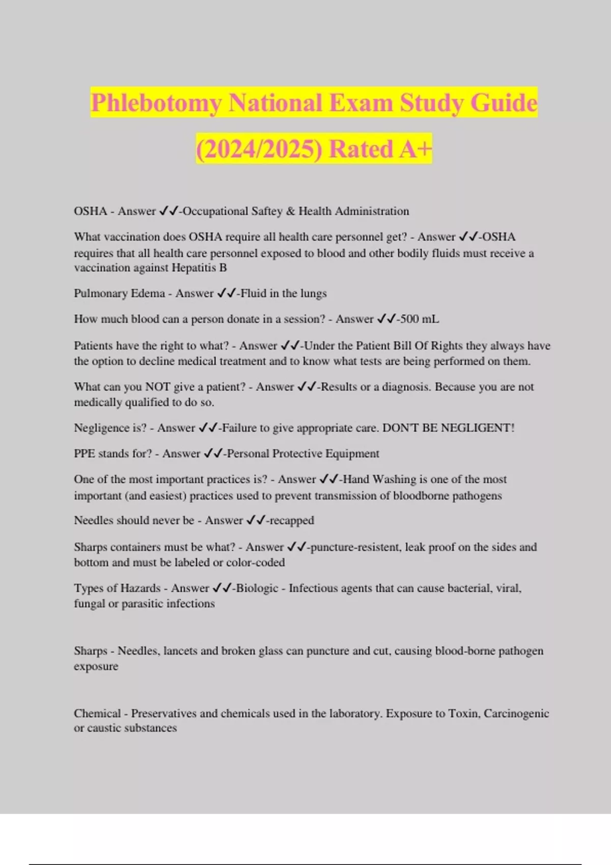 Phlebotomy National Exam Study Guide (2024/2025) Rated A+ - Certified ...