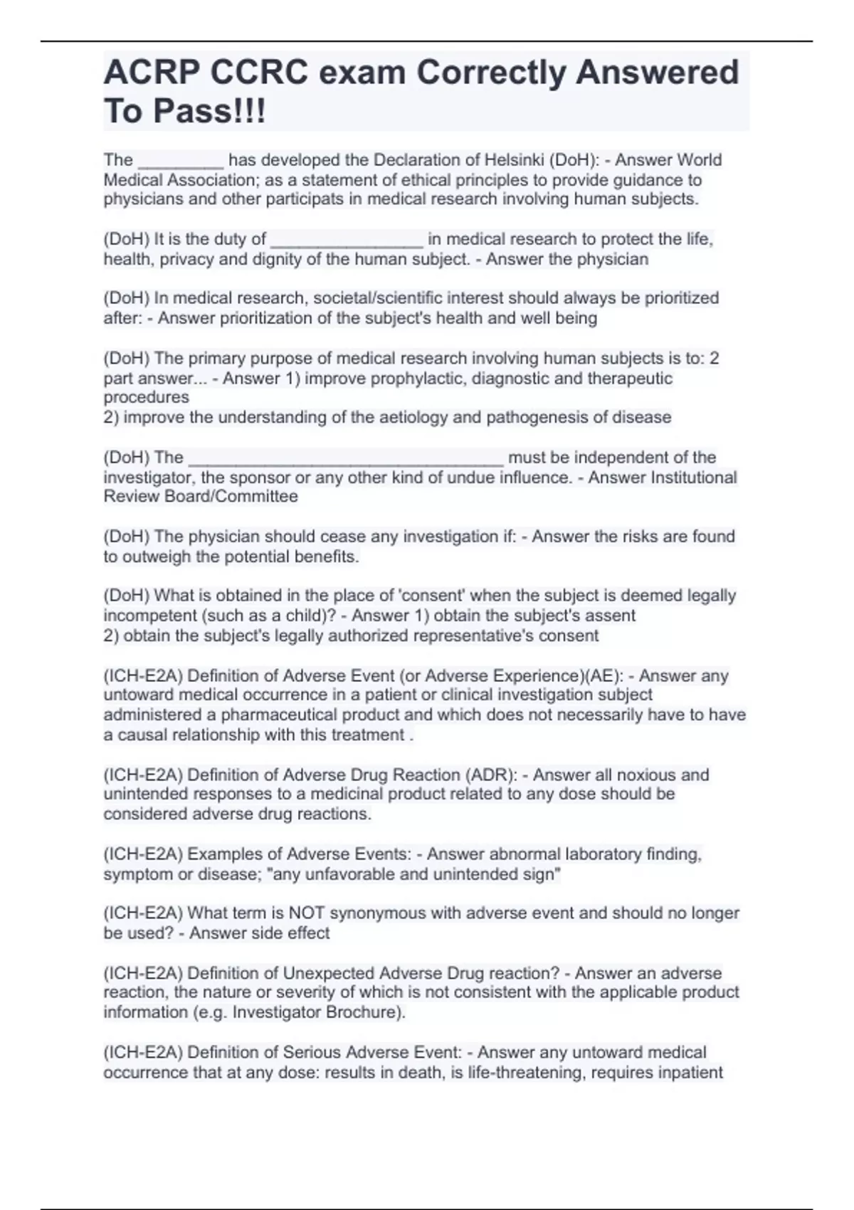 ACRP CCRC exam Correctly Answered To Pass!! - ACRP CCRC - Stuvia US