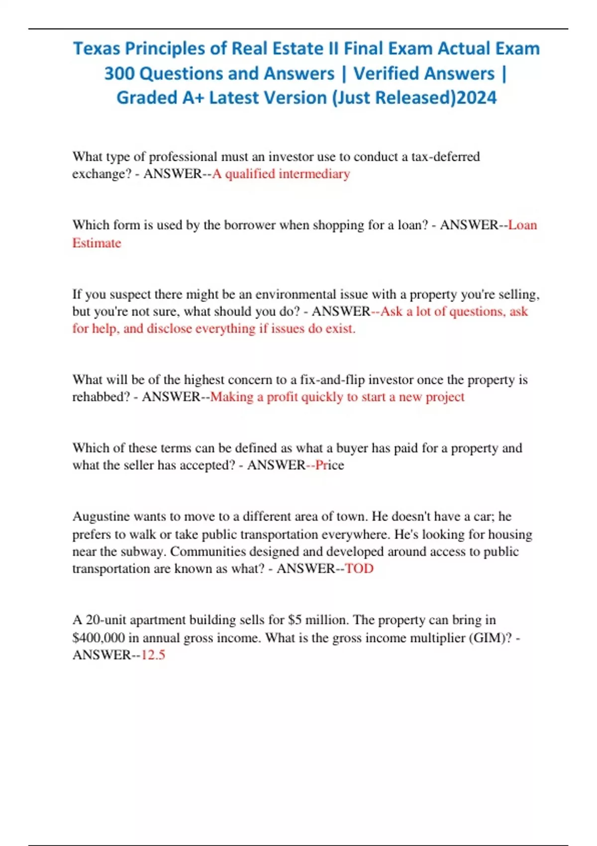 Texas Principles of Real Estate II Final Exam Actual Exam 300 Questions ...