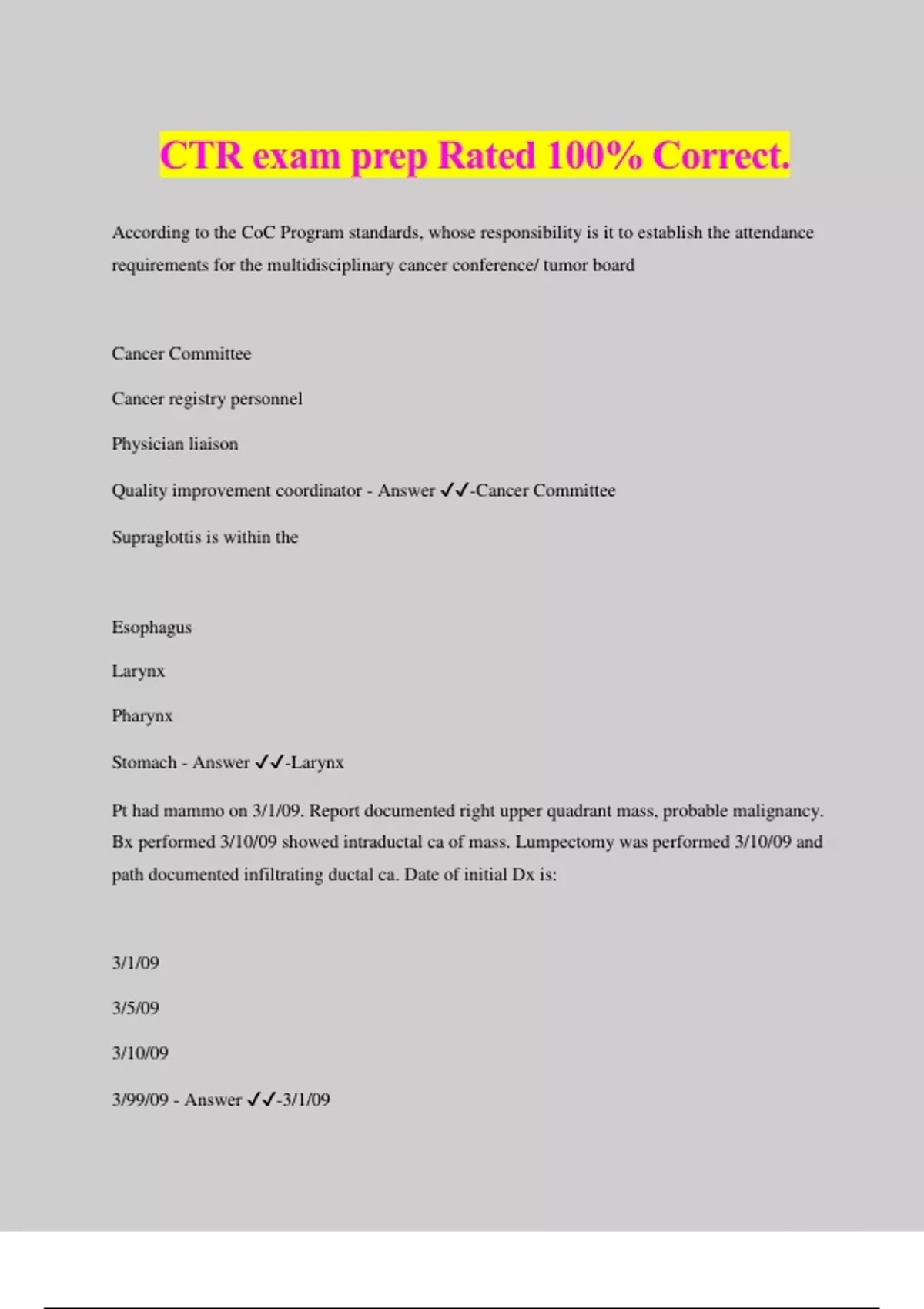 CTR exam prep Rated 100% Correct 2024 - CTR - Stuvia US