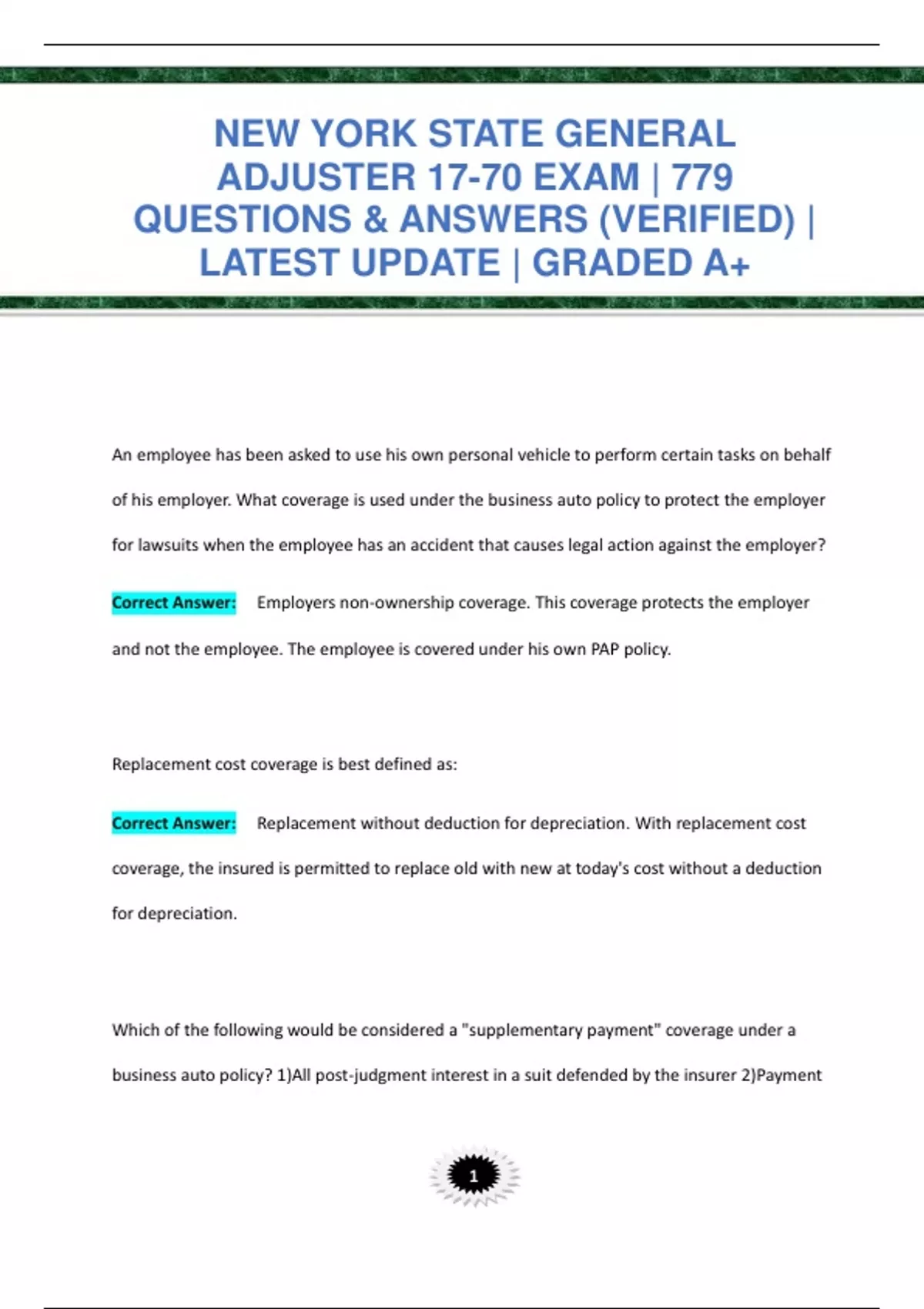 NEW YORK STATE GENERAL ADJUSTER 17-70 EXAM | 779 QUESTIONS & ANSWERS ...
