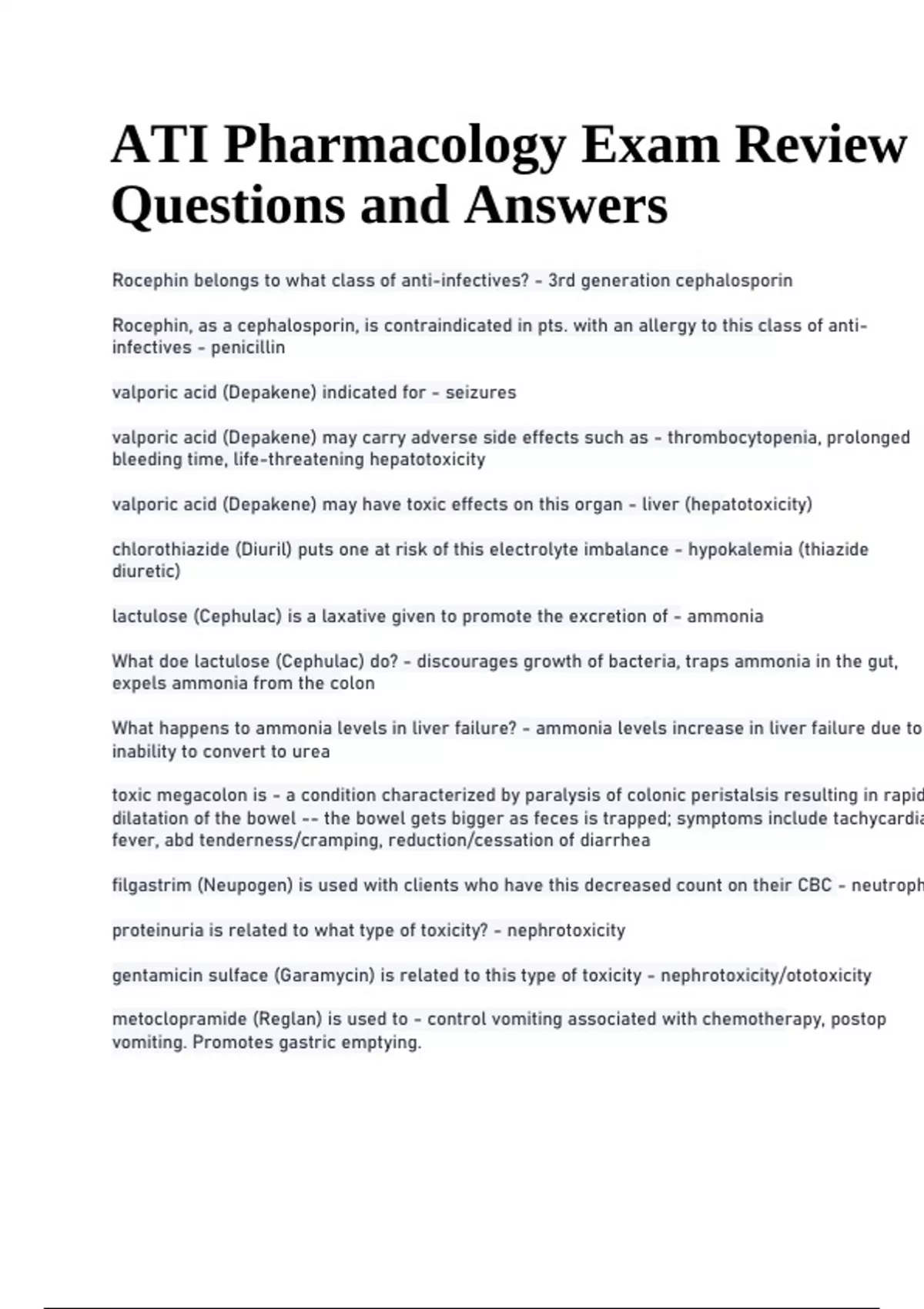 ATI Pharmacology Exam Review Questions and Answers. - ATI Pharmacology ...