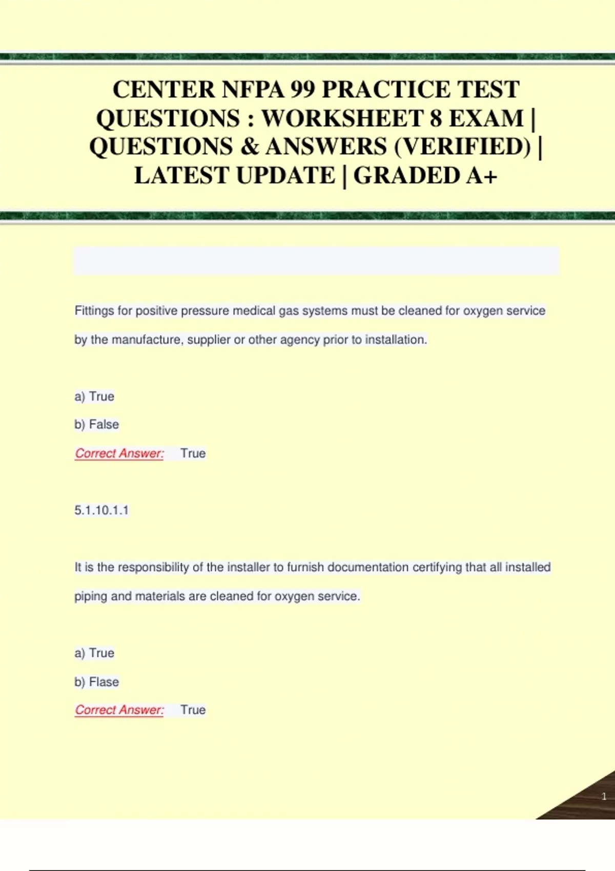 CENTER NFPA 99 PRACTICE TEST QUESTIONS : WORKSHEET 8 EXAM | QUESTIONS ...