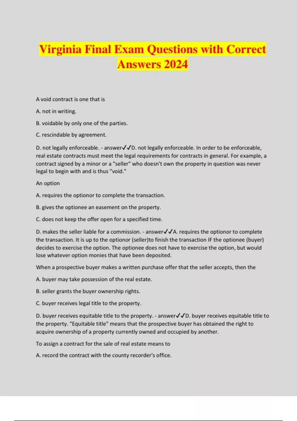 Virginia Final Exam Questions with Correct Answers 2024 - Virginia ...