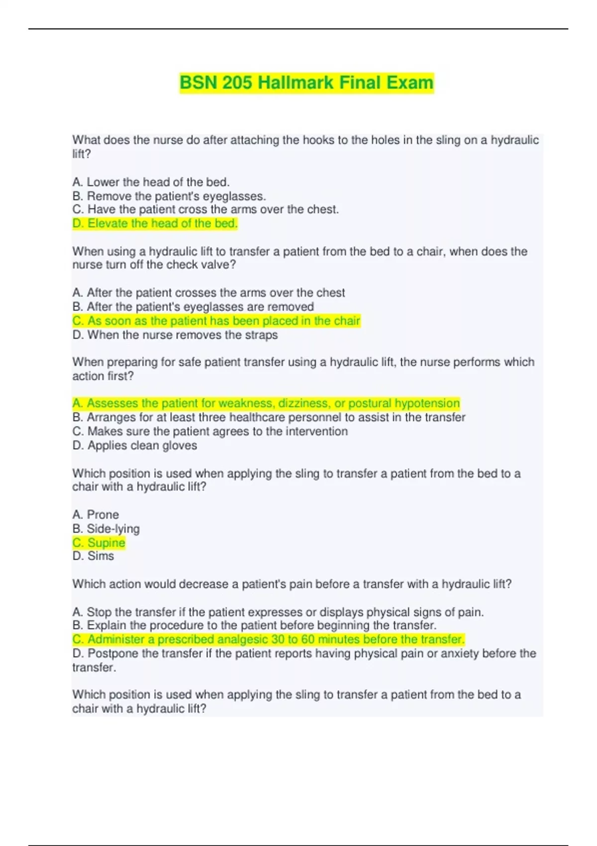 BSN 205 Hallmark Final Exam - Questions and Answers - BSN 205 - Stuvia US