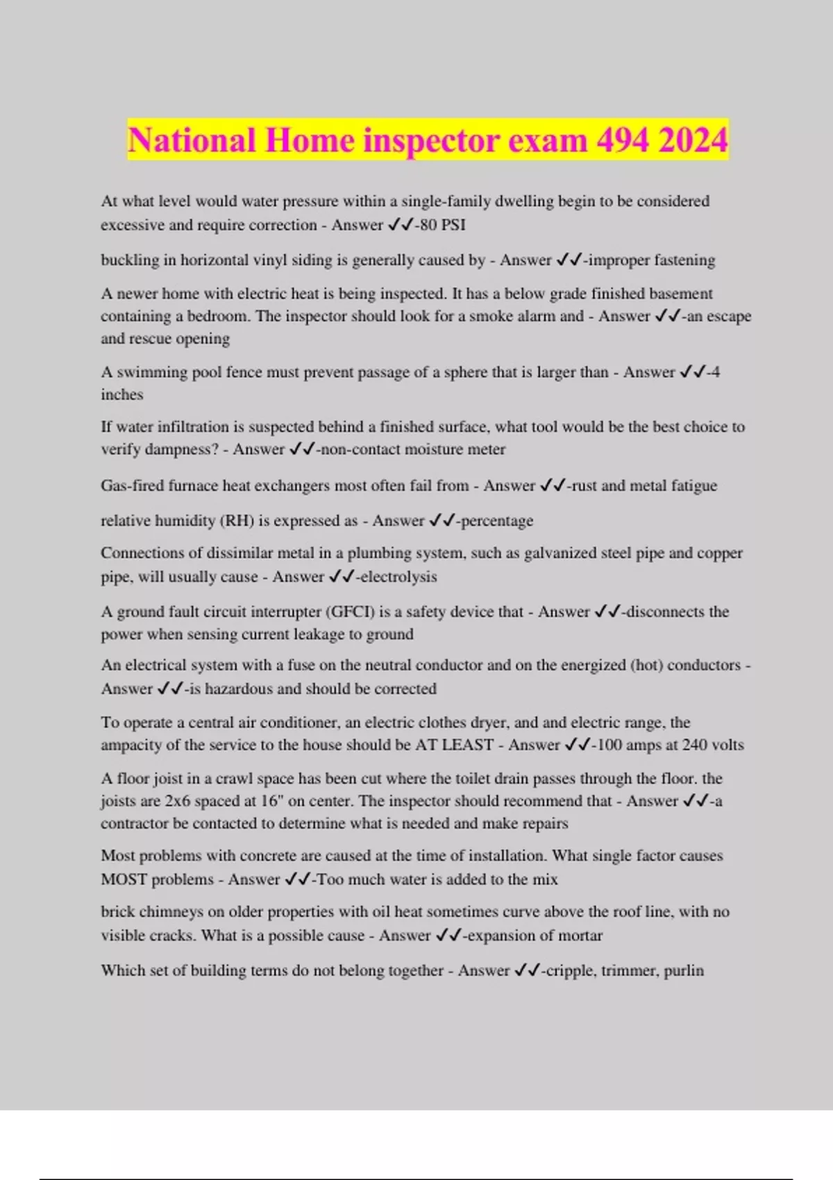 National Home inspector exam 494 2024 Questions and Answers 100% Pass ...