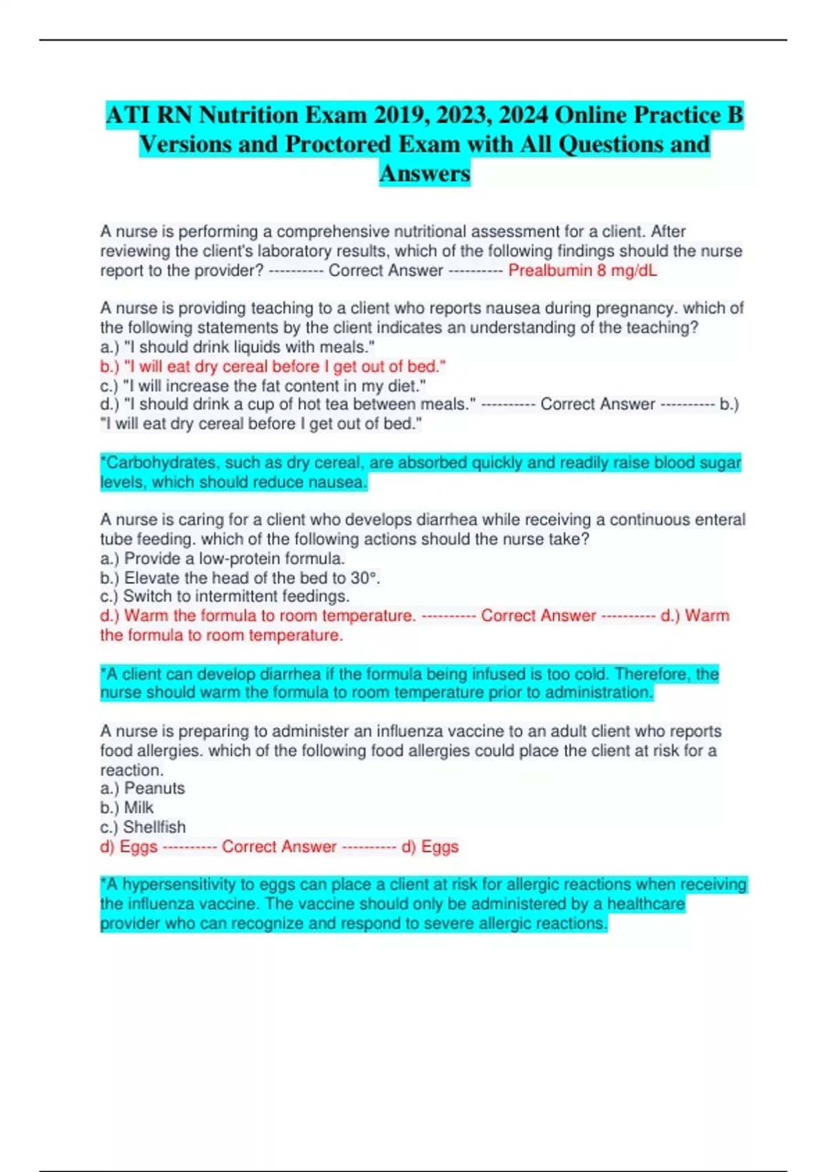 ATI RN Nutrition Exam 2019, 2023, 2024 Online Practice B Versions and ...