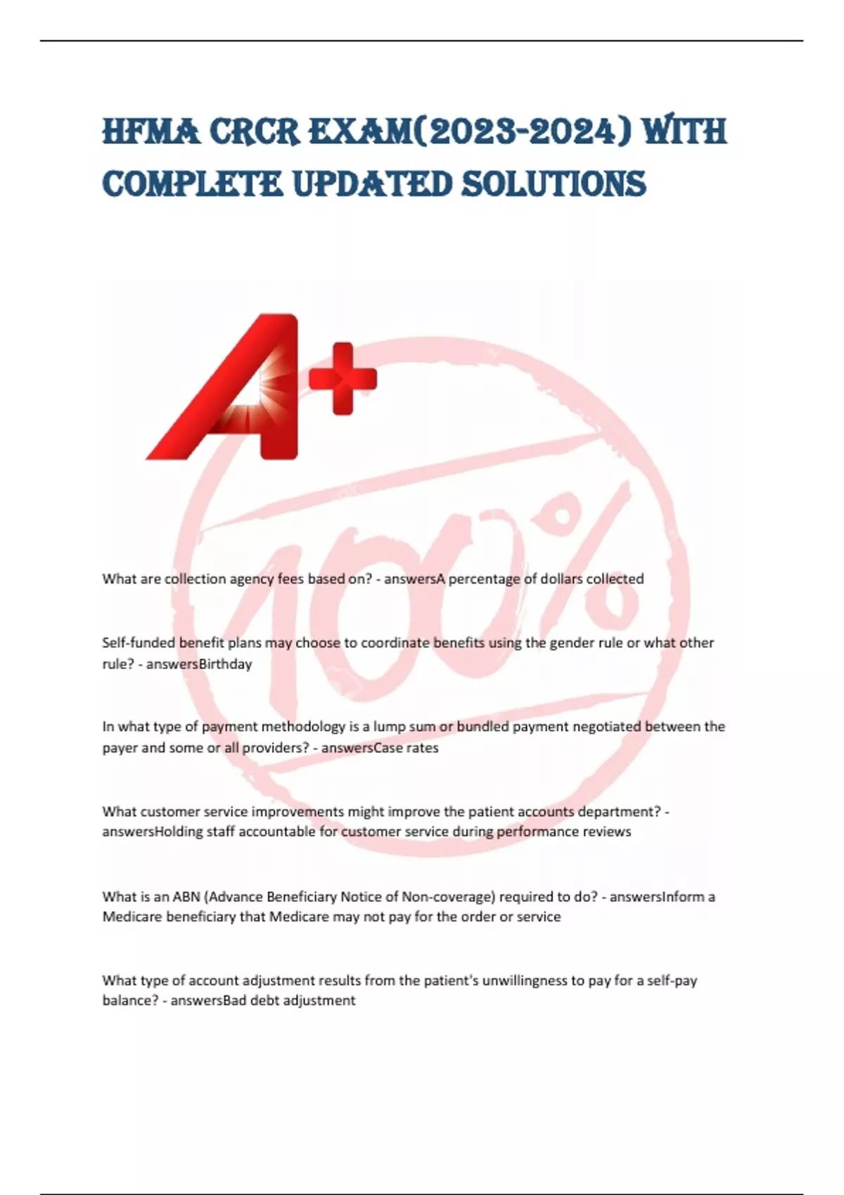 HFMA CRCR EXAM() With Complete Updated Solutions - HFMA CRCR - Stuvia US