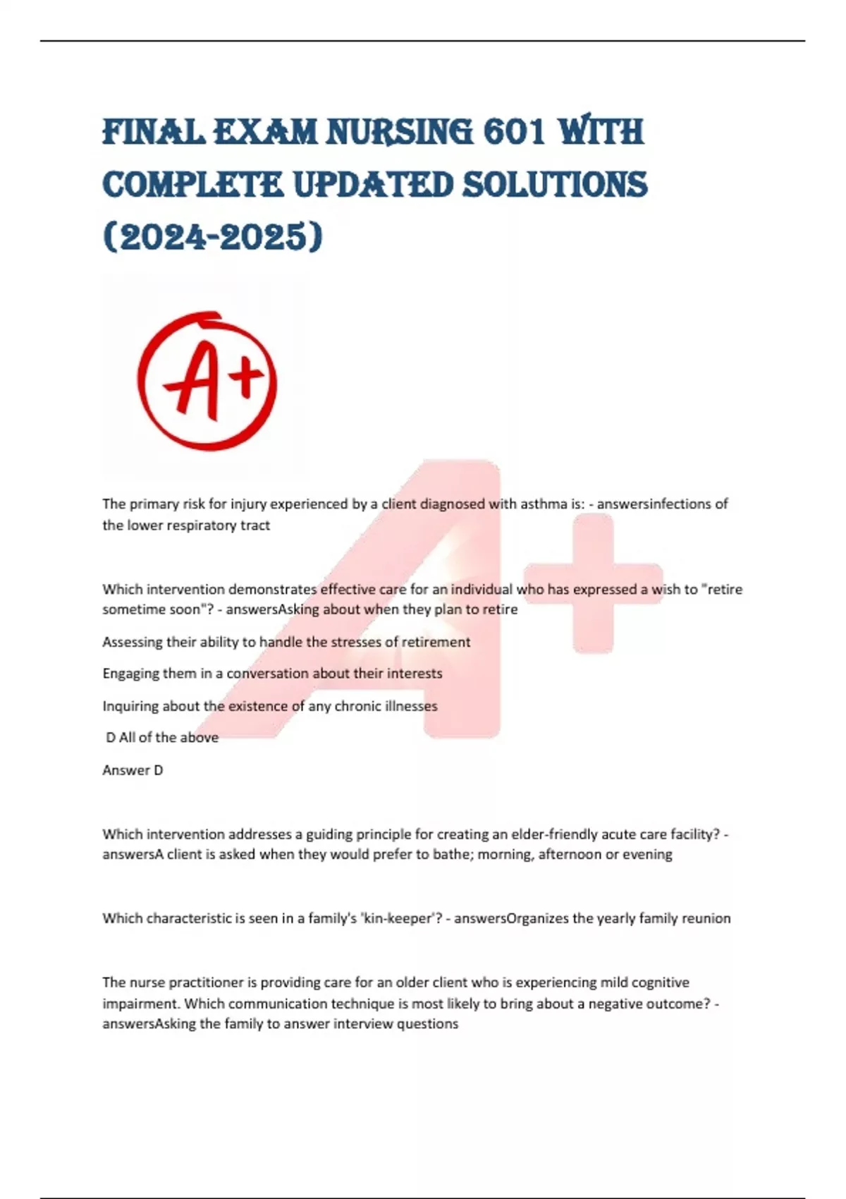 Final exam nursing 601 With Complete Updated solutions () - NR 601 - Stuvia US