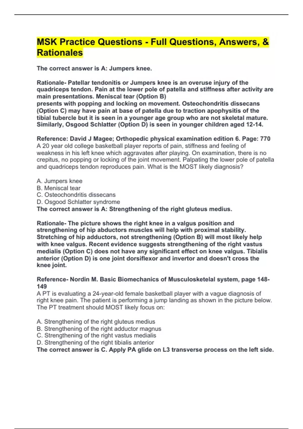 MSK Practice Questions - Full Questions, Answers, & Rationales - MSK ...