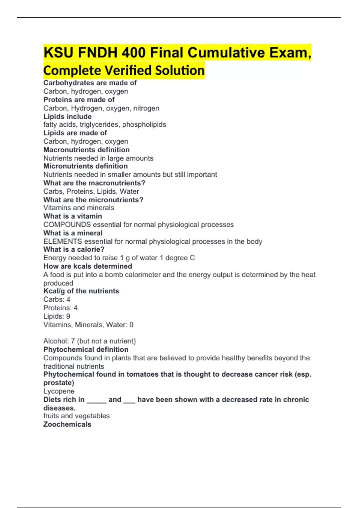 KSU FNDH 400 Final Cumulative Exam, Complete Verified Solution - KSU ...