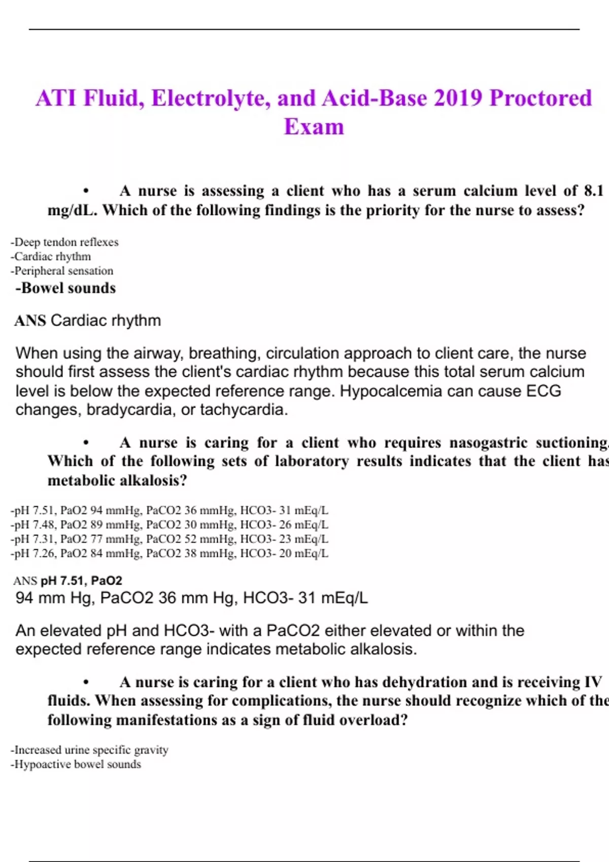ATI Fluid, Electrolyte, and Acid-Base 2019 Proctored Exam-with 100% verified solutions - ATI ...