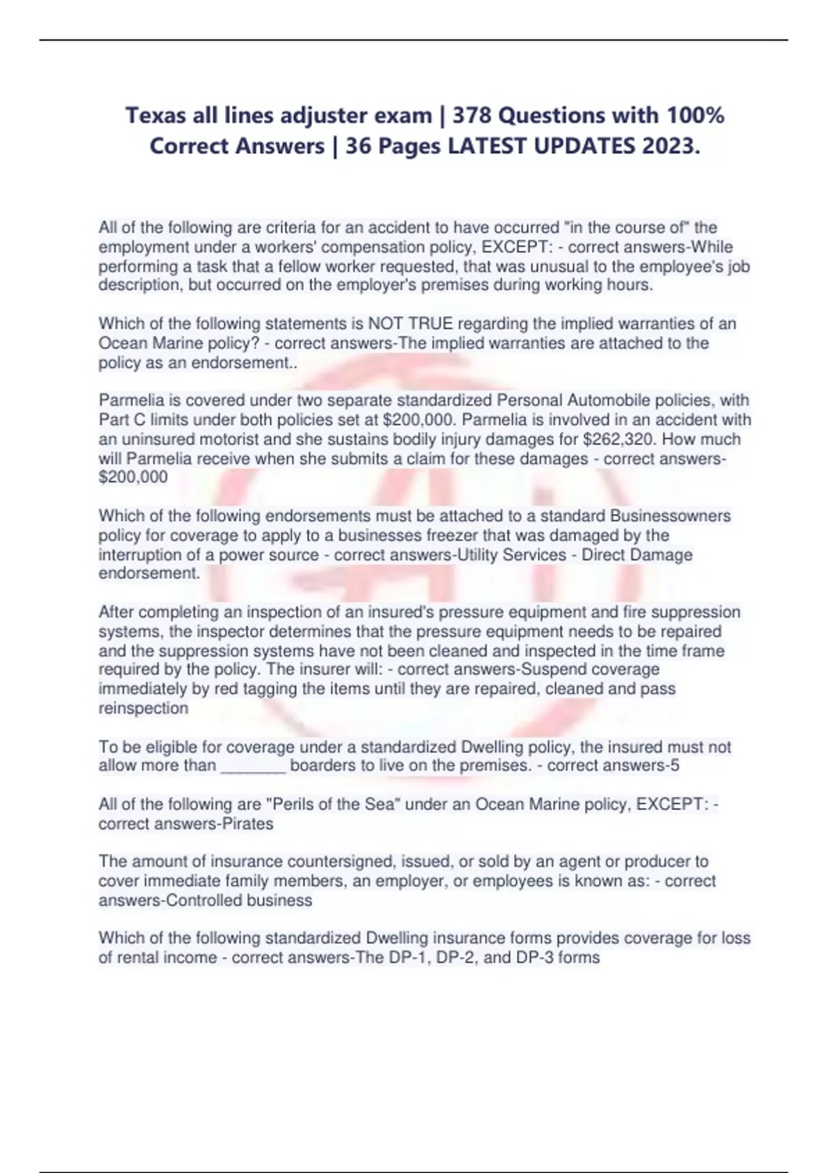 bundle for TEXAS ALL LINES ADJUSTER TESTS/EXAMS|TEST BANK| (COMPLETE ...