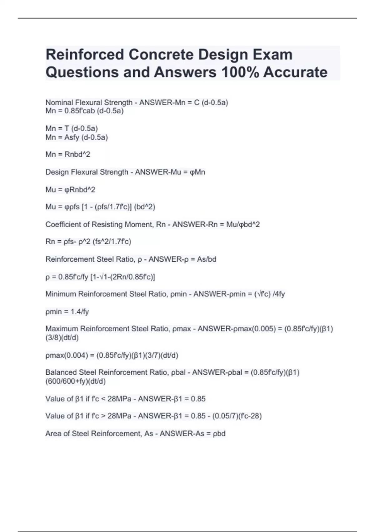 Reinforced Concrete Design Exam Questions and Answers 100% Accurate ...
