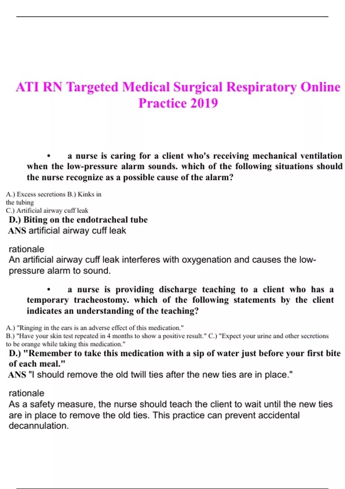 ATI RN Targeted Medical Surgical: Respiratory Online Practice 2019 ...