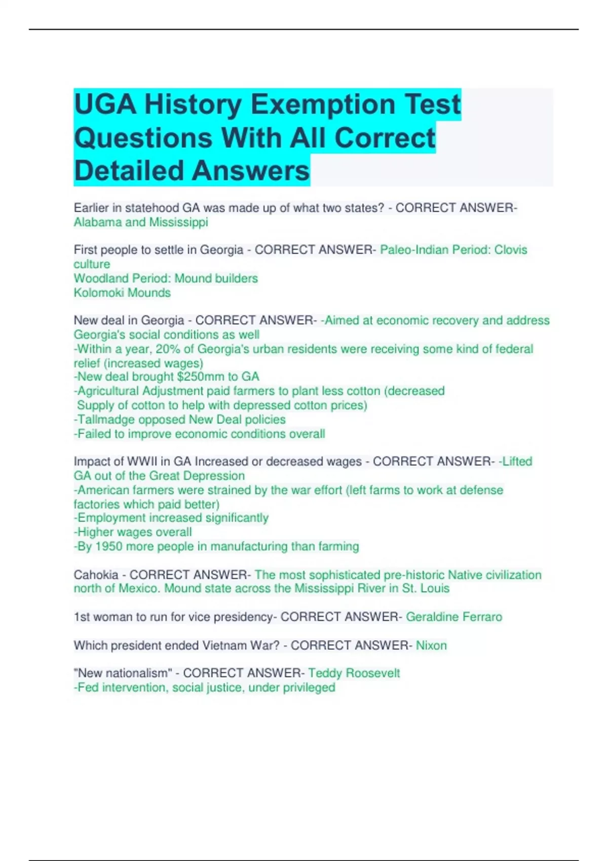 UGA History Exemption Test Questions With All Correct Detailed Answers ...