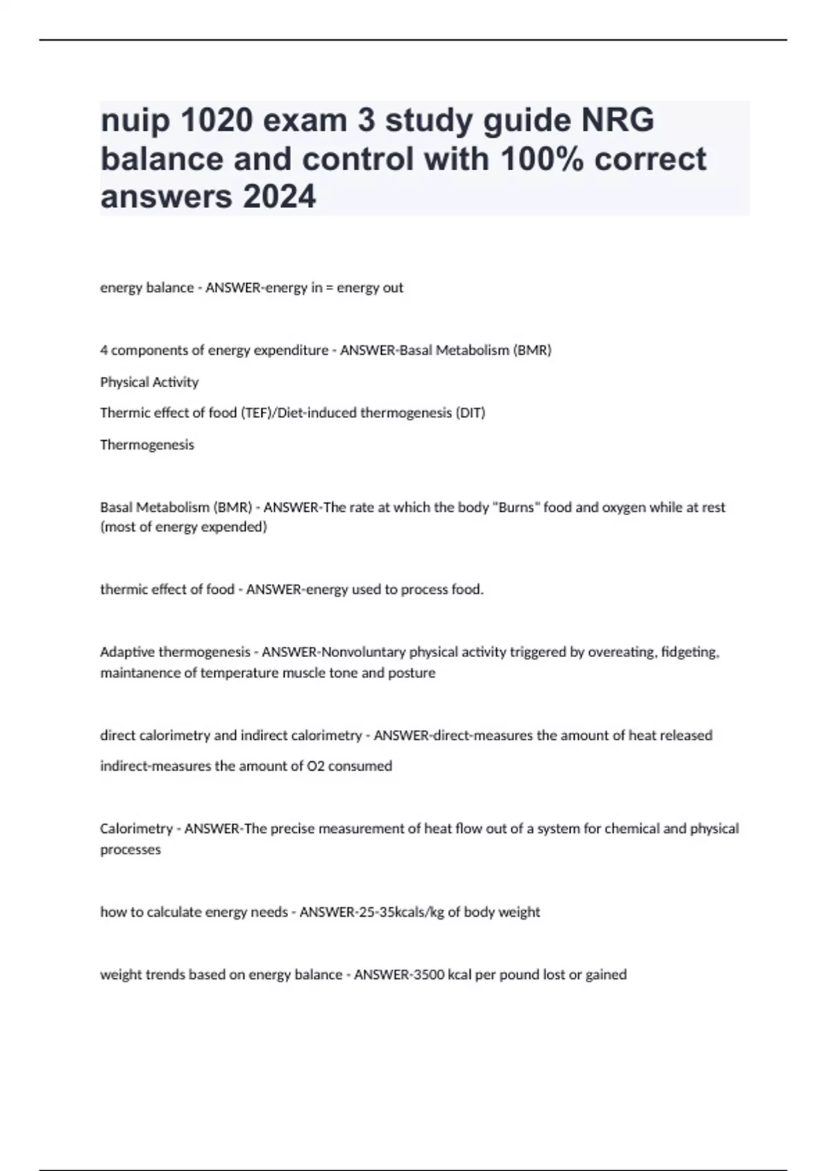 nuip 1020 exam 3 study guide NRG balance and control with 100% correct ...