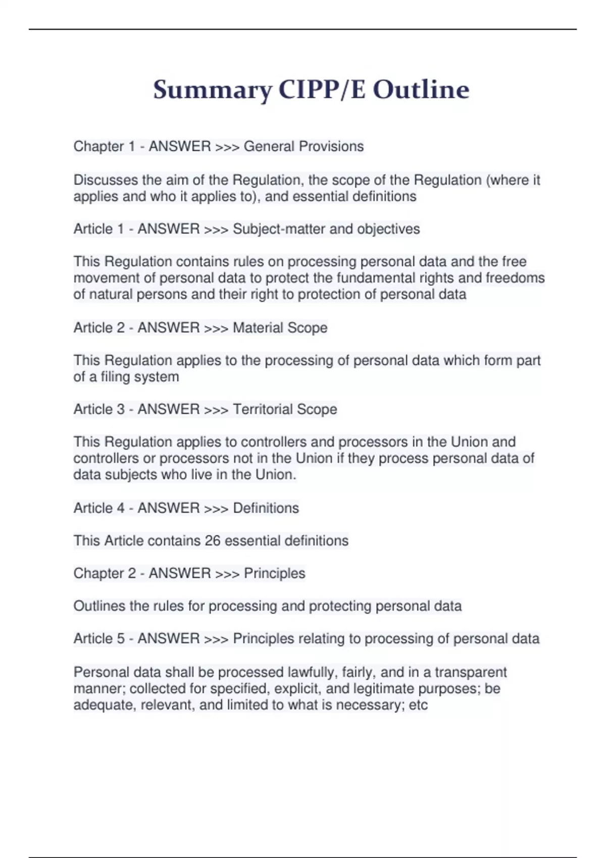 Summary CIPP/E Outline - Summary CIPP/E Outline - Stuvia US