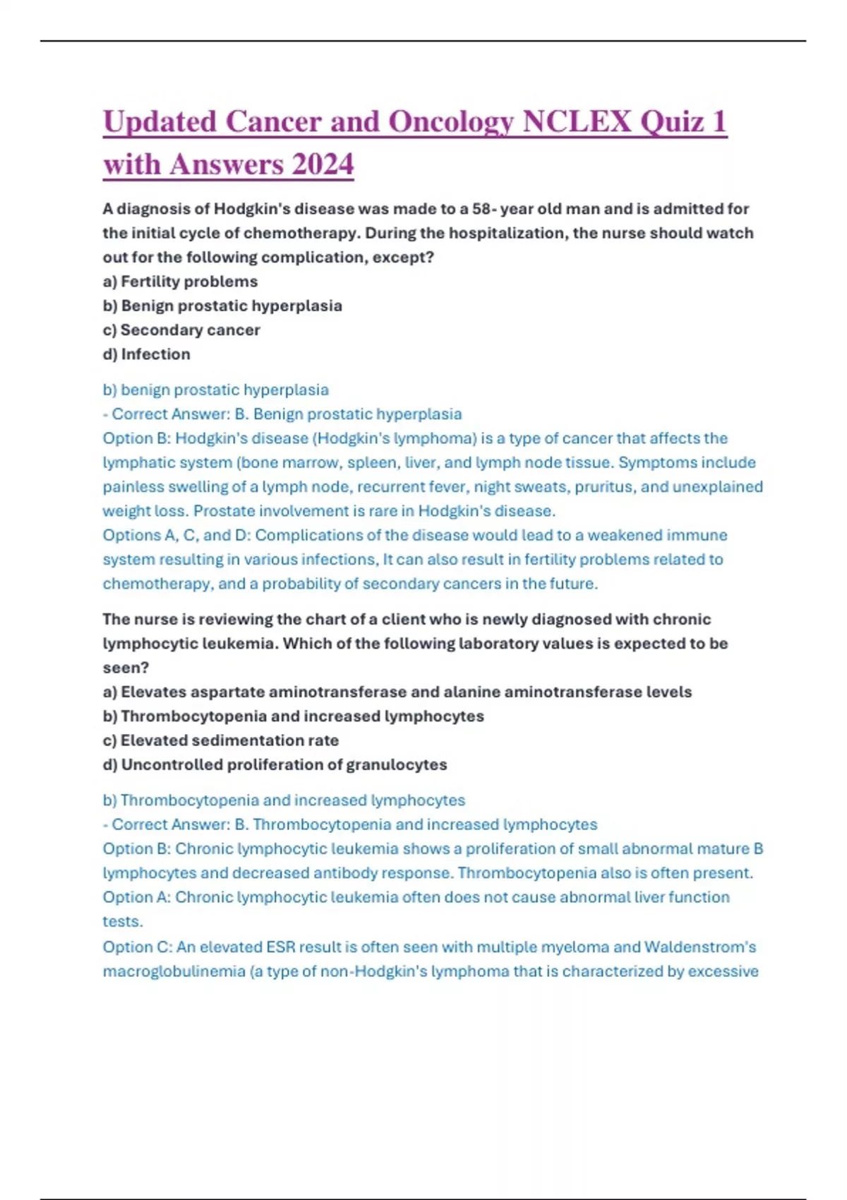 Updated Cancer and Oncology NCLEX Quiz 1 with Answers 2024 - Nursing ...