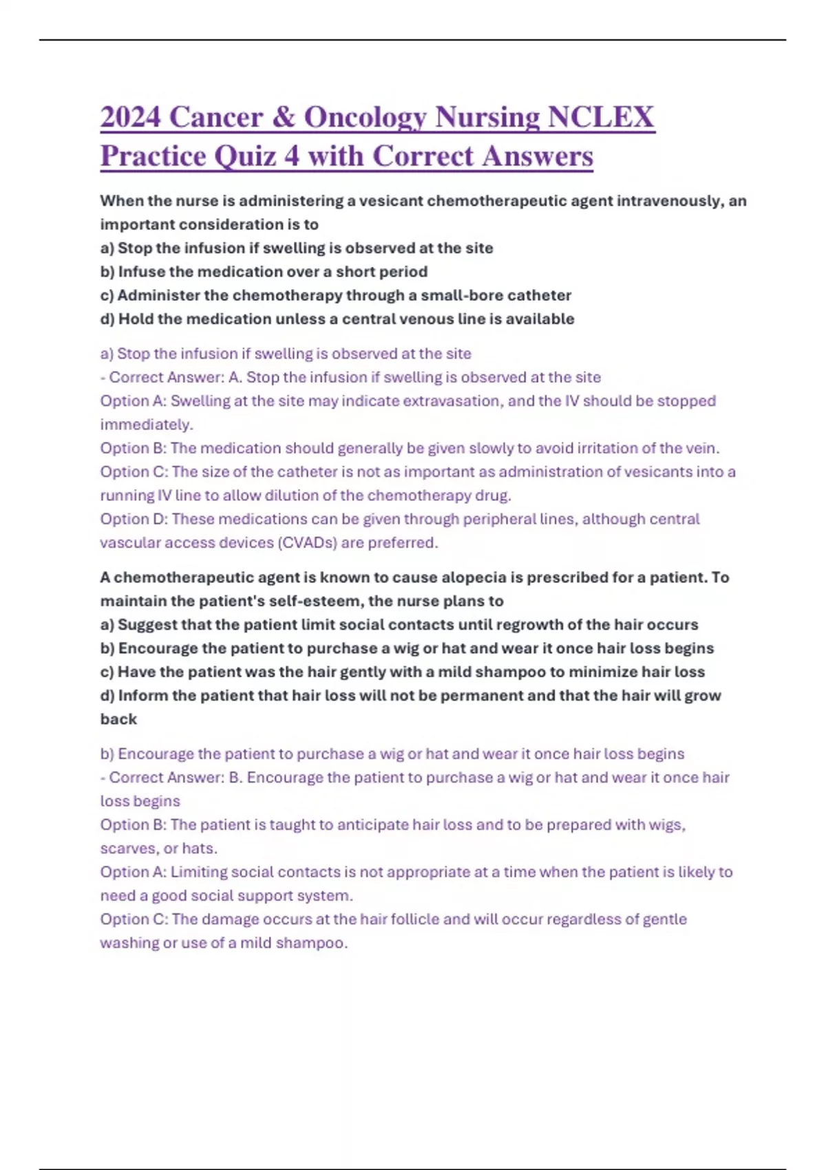 2024 Cancer & Oncology Nursing NCLEX Practice Quiz 4 with Correct ...