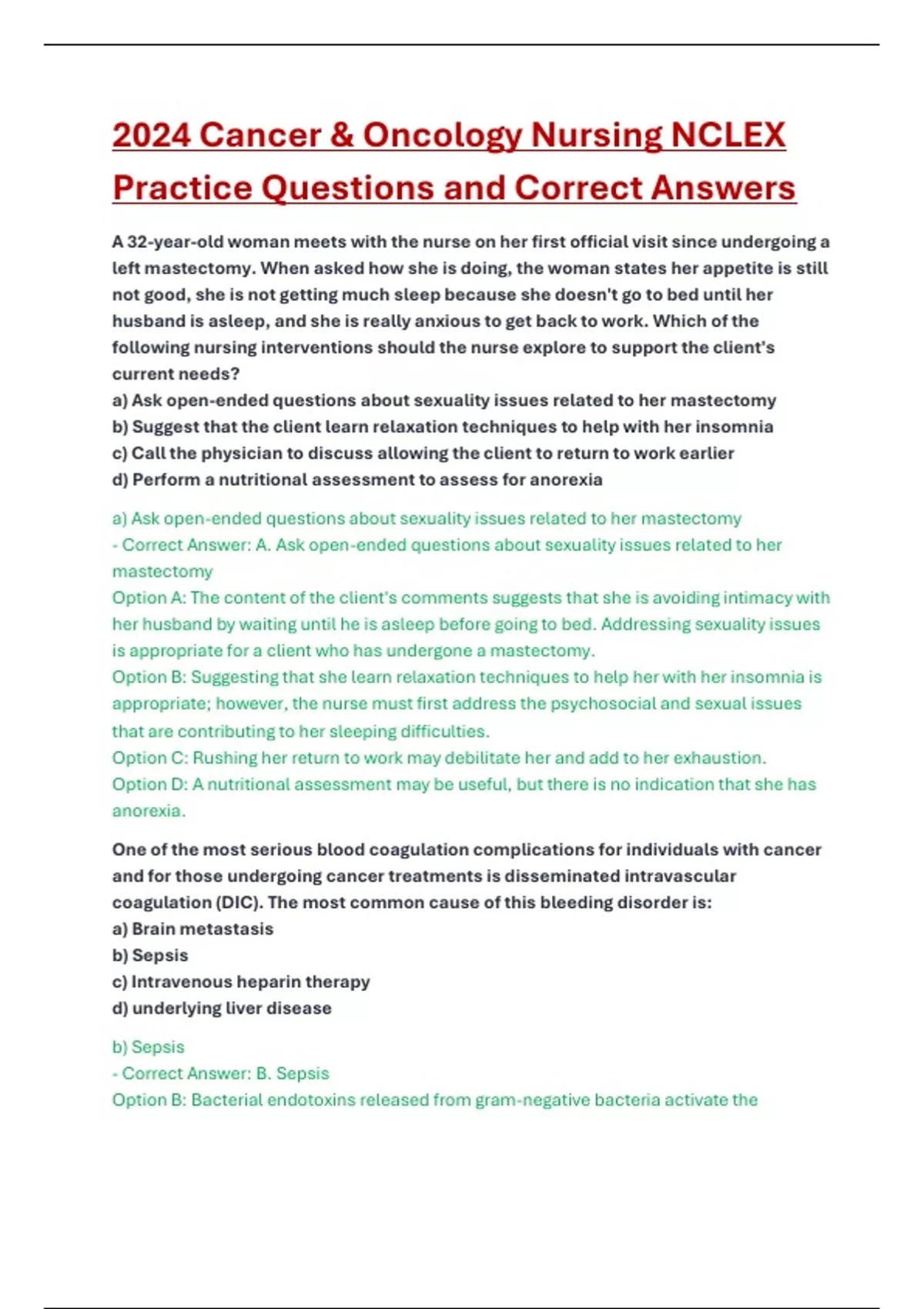 2024 Cancer & Oncology Nursing NCLEX Practice Questions and Correct ...