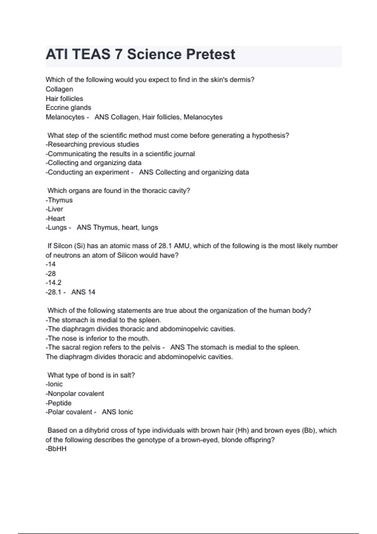 ATI TEAS 7 Science Pretest 2024 - ATI TEAS 7 Science Pretest - Stuvia US